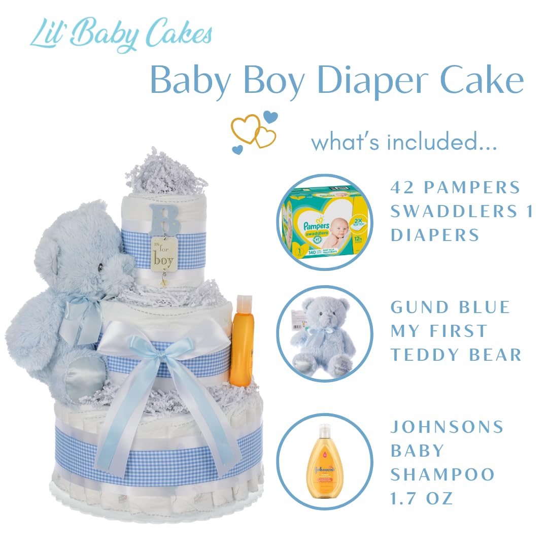 Lil' Baby Cakes Boy Blue Diaper Cake - Makes a Beautiful Baby Gift - Adorable and Practical Handmade Baby Gift with 42 Swaddler Diapers Size 1-10 in x 12 in