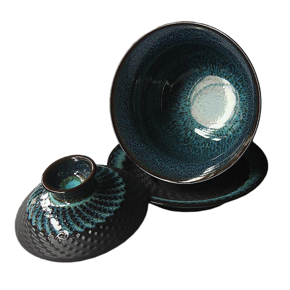Gaolinci Kiln Glazed Ceramic Jianzhan Teacup Kung Fu Tea Cup and Saucer with Lid. 5 Oz Sancai Gaiwan