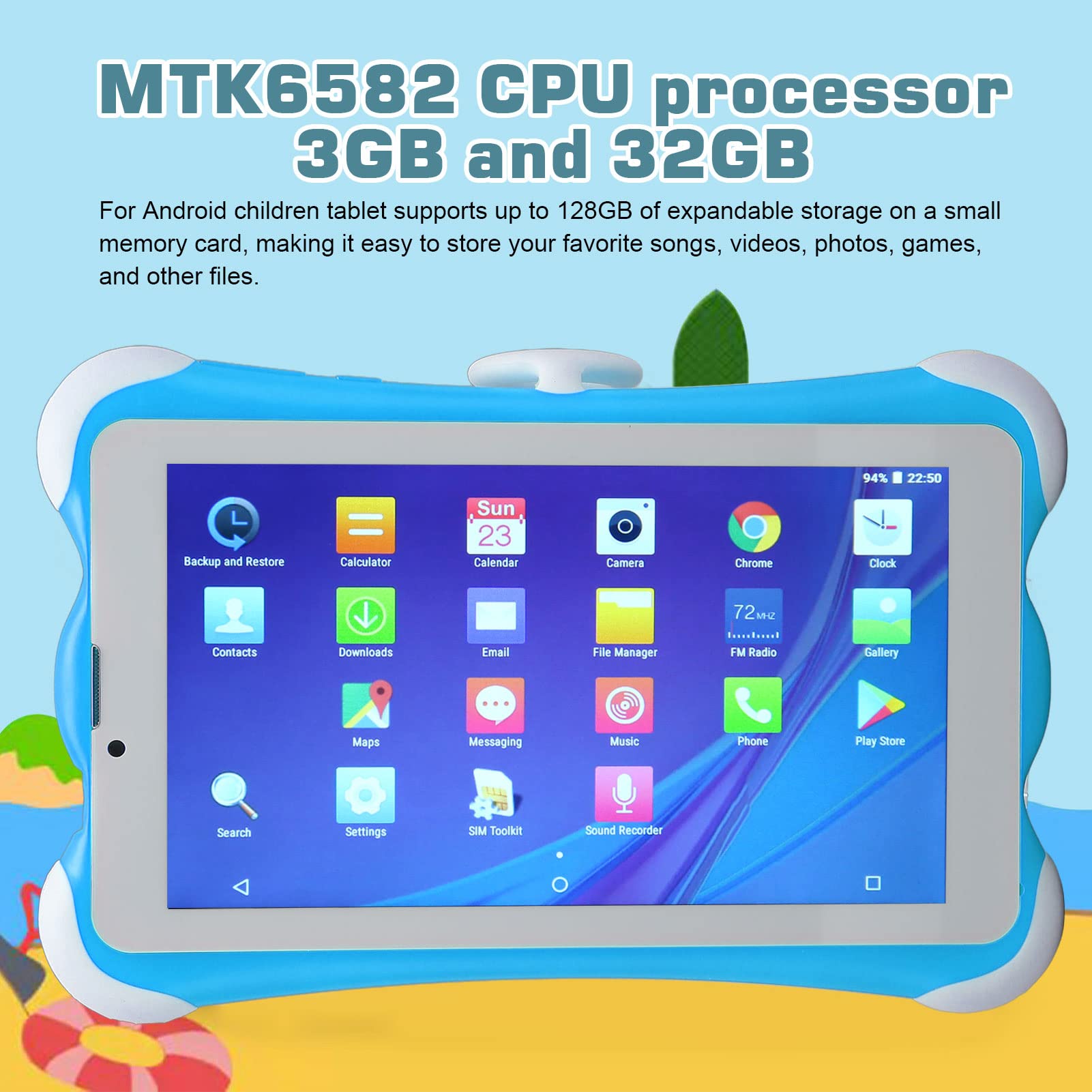 GLOGLOW 7 Inch Toddler Tablet, Dual Camera 3GB RAM 32GB ROM Blue Multifunction Eye Protection Call Kids Tablet for Education (US Plug)