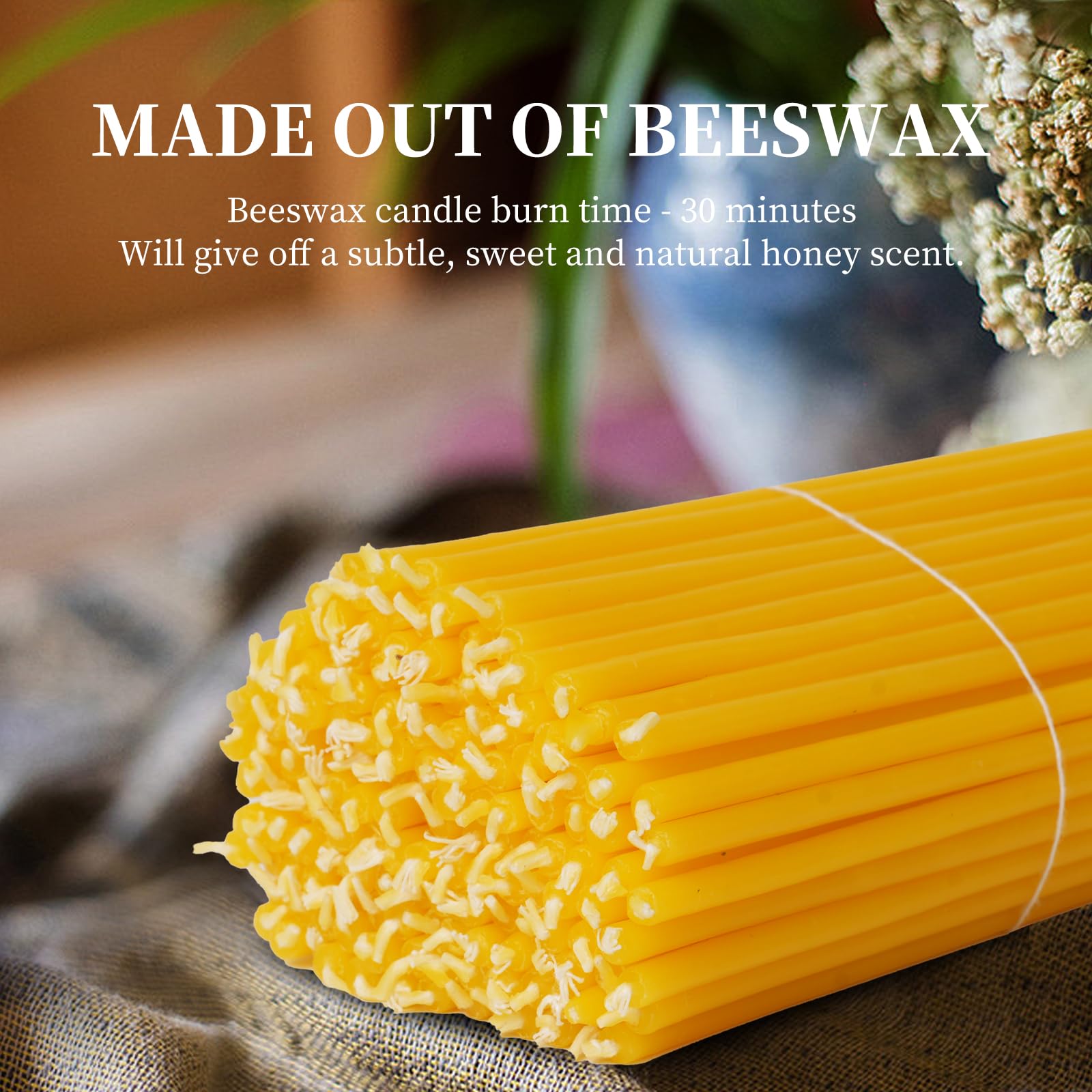 Kunrsug Beeswax Candles, No-Drip, Smoke-Less, 50 Pack Beeswax Taper Candles Church Prayers, Decorations, Birthday Celebrations, Each Candle Measures 6.3" in Height and Has A Diameter of 0.2"