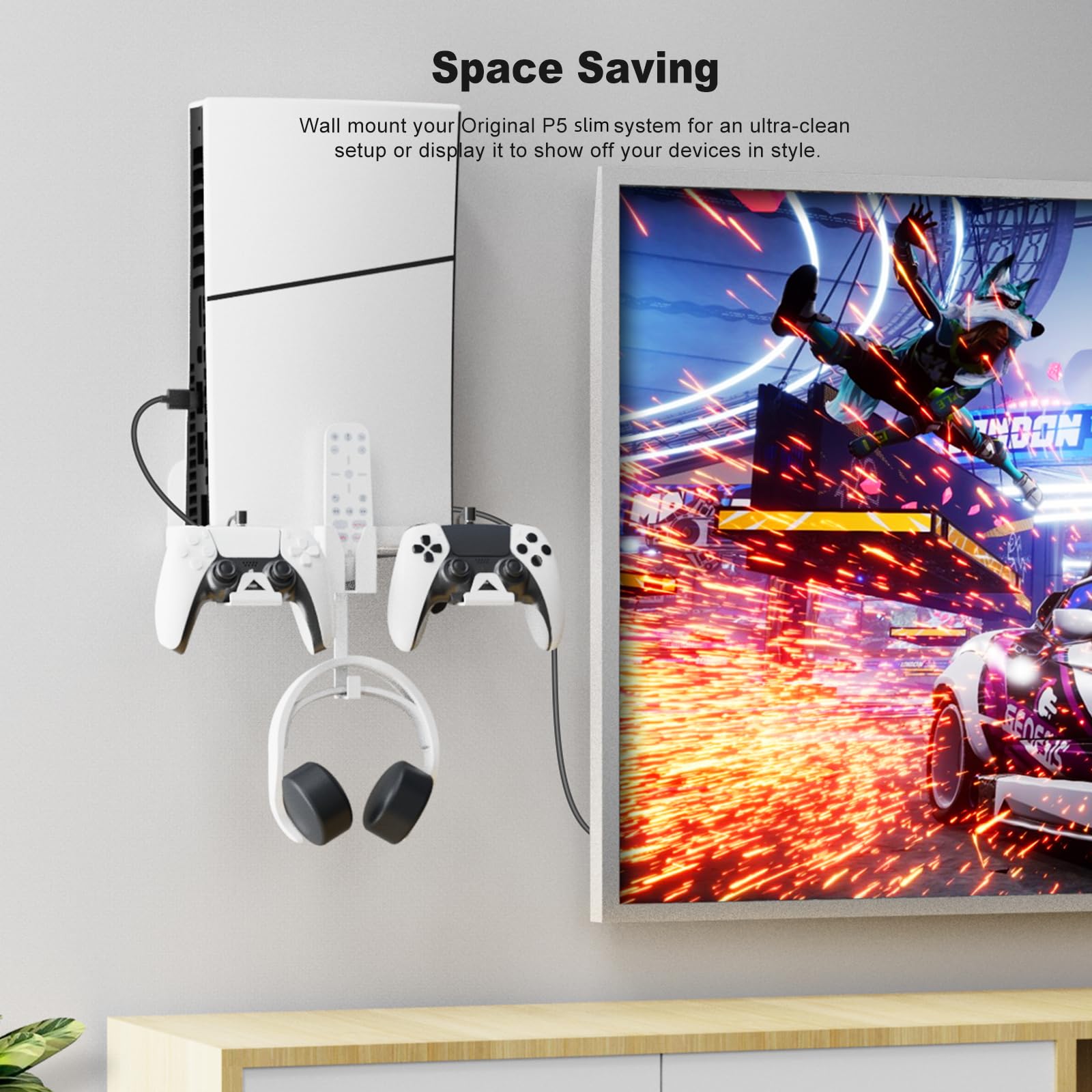JOYTORN Wall Mount Holder Compatible with PS5 Slim,Sturdy Steel Wall Mount Bracket with Controller Holder,Media Remote/Headset Hanger for Playstation 5 Slim