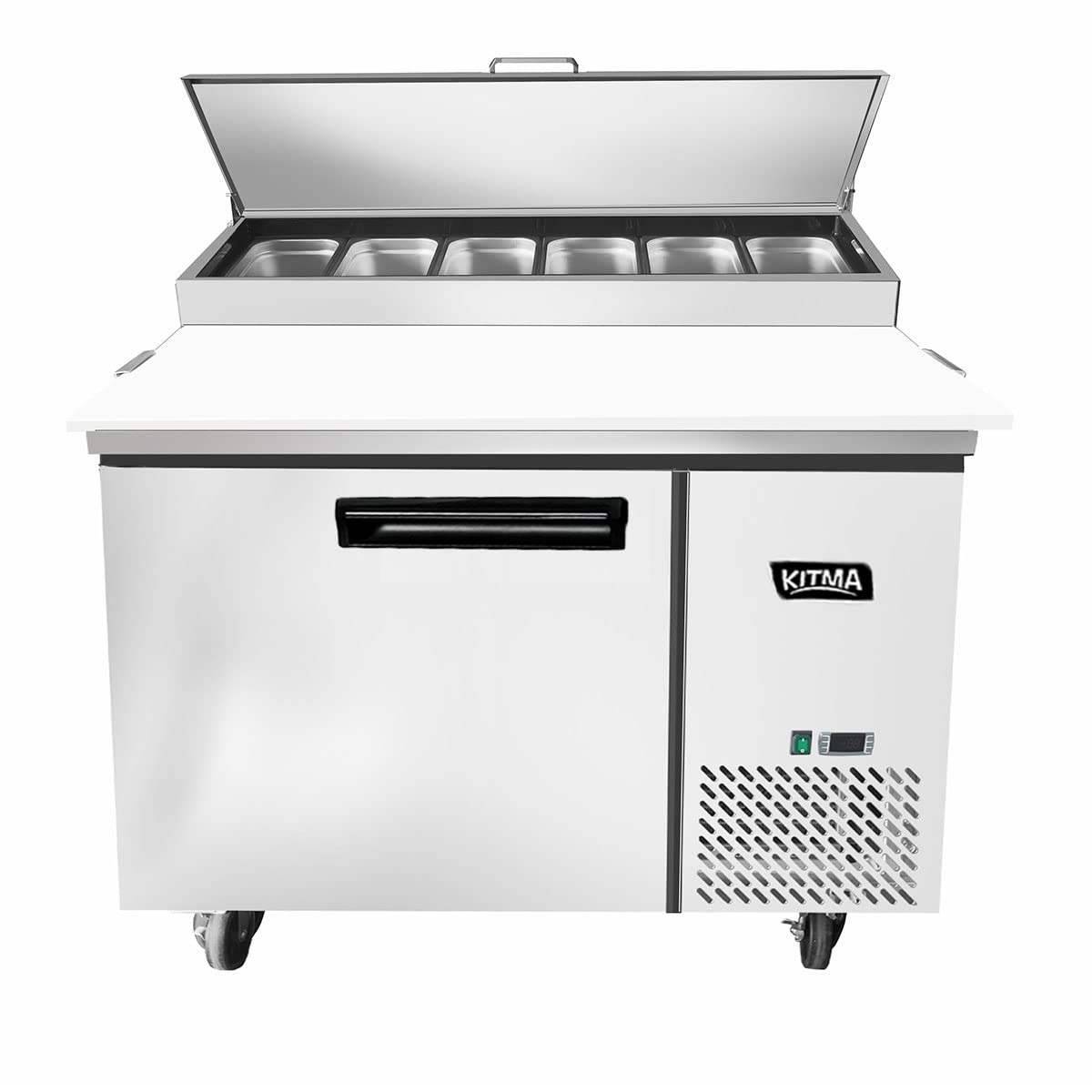 KITMA 44 Inch Pizza Prep Table Refrigerator Single Door Rrep talbe with Standard Top, 9.7 Cu.ft, 6 Food Pans, USA