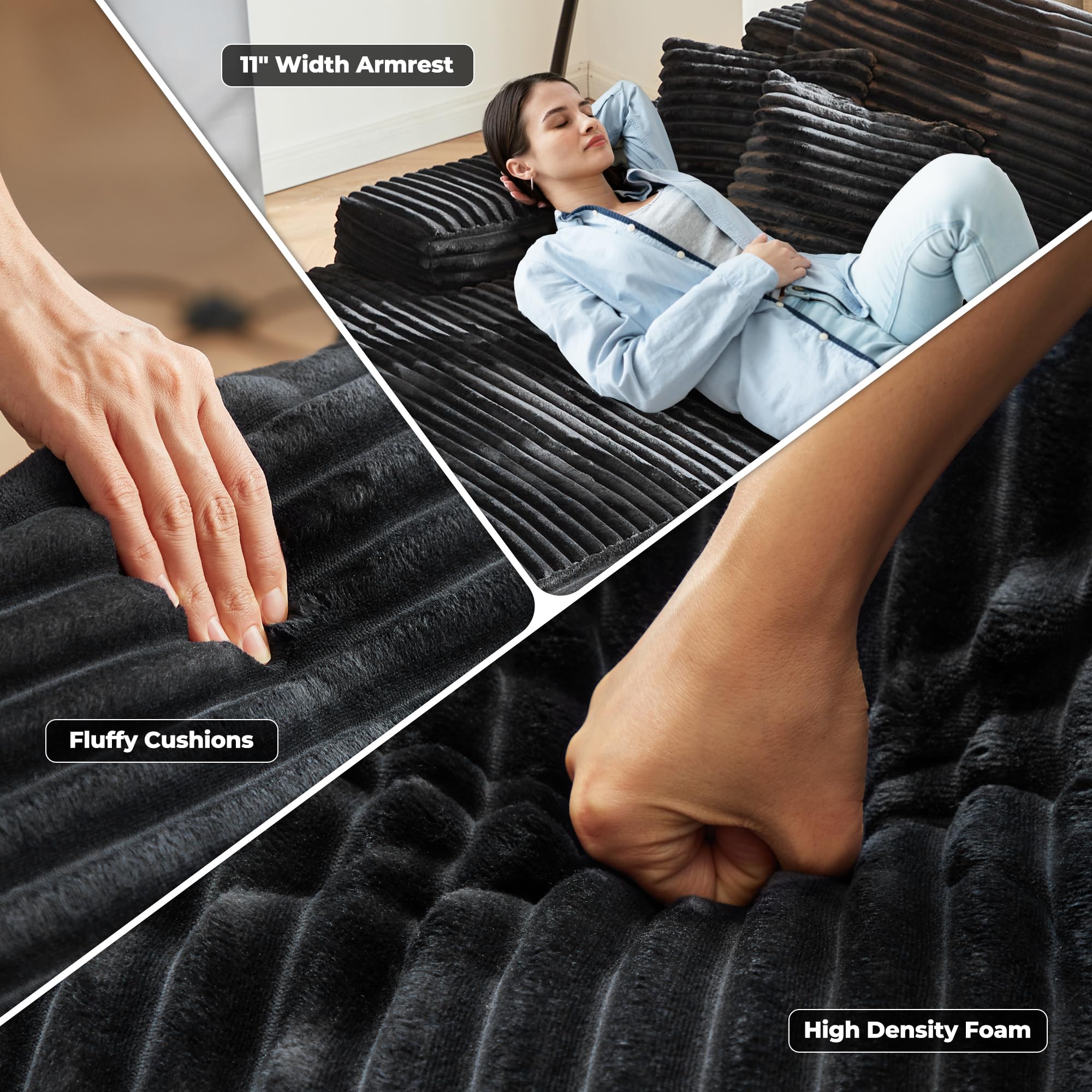 Oversized Chaise Lounge Sofa Indoor - 80" Cloud Sectional Couch Sofa Bed,Luxury Deep Seat Plush Corduroy Lounge Chair Sleeper Sofa for Living Room Bedroom (Black,2PCS)