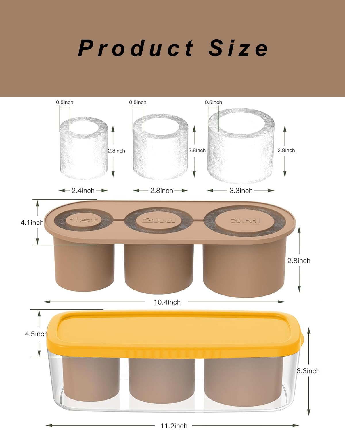 Ice Mold for Stanley Tumbler Cup, 3 PCS Silicone Hollow Cylinder Ice Cube Tray with Lid for 30OZ-40OZ Straw Tumbler, Large Ice Cube Mold for Freezer, Ice Maker for Whiskey, Cocktail, Coffee (Green)