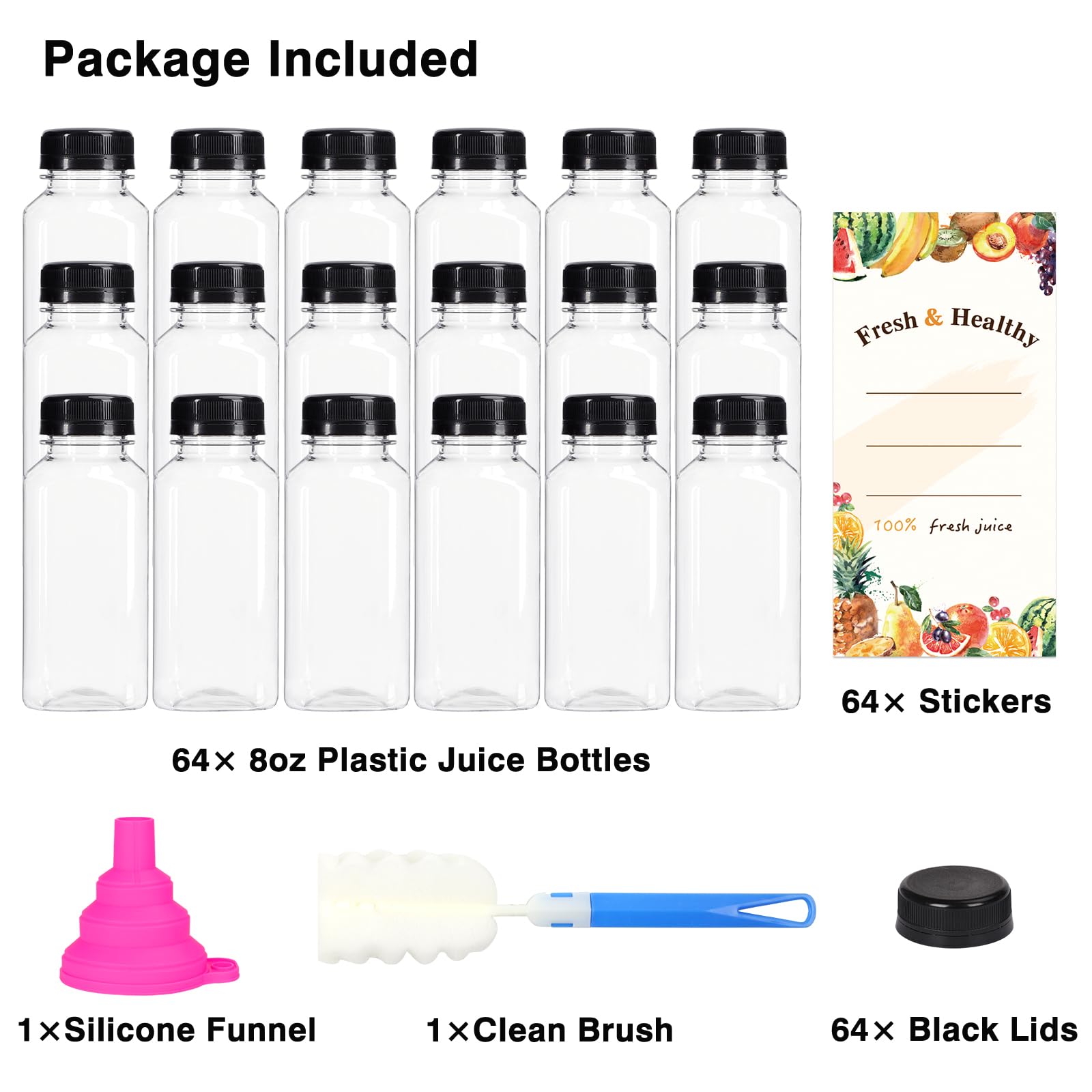 Moretoes 64pcs 8oz Juice Bottles, Juice Bottles with Tamper Evident Caps, Reusable Juicing Bottles Bulk for Juice Milk Smoothie and Other Beverages