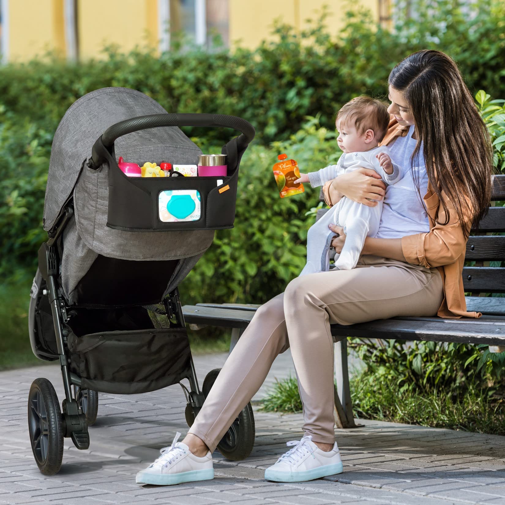 liuliuby Stroller Organizer - Large Storage Space with Cup Holder & Easy Access Wipes Pocket - Customizable Compartments & Universal Fit Stroller Caddy - Parent Console Accessories - Vegan Leather