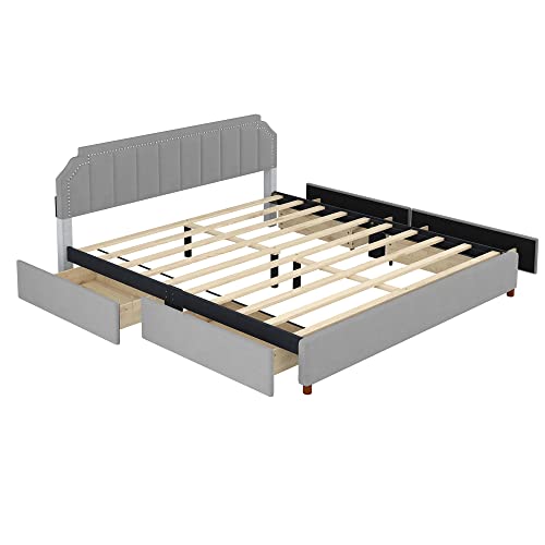 EMKK Platform Bed Frame with 4 Storage Drawers, Upholstered Bed Frame with Strong Wooden Slats/Mattress Foundation/No Fixed Headboard/No Box Spring Needed/Large Storage Space,King Size