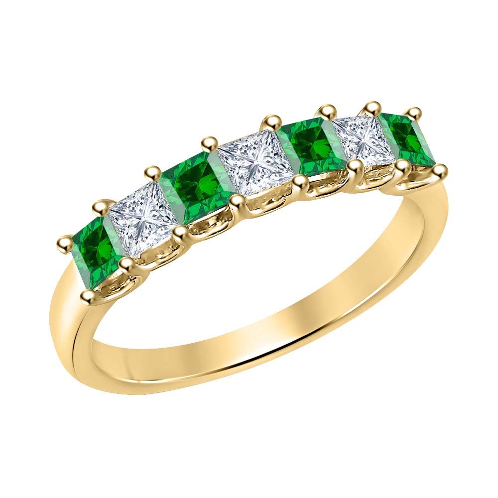 Gold & Diamonds Jewellery Princess Cut Emerald & Diamond Half Eternity 14k Yellow Gold Plated Wedding 7-Stone Band Ring for Women