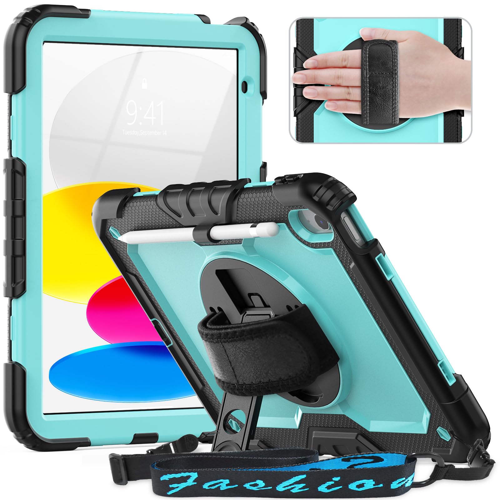 KEYCAUP Case for iPad 10th Generation 10.9 inch, Case for iPad 10 Gen: with Strong Protection, Screen Protector, Hand Strap, Shoulder Strap, 360° Rotating Stand, Pencil Holder - Black