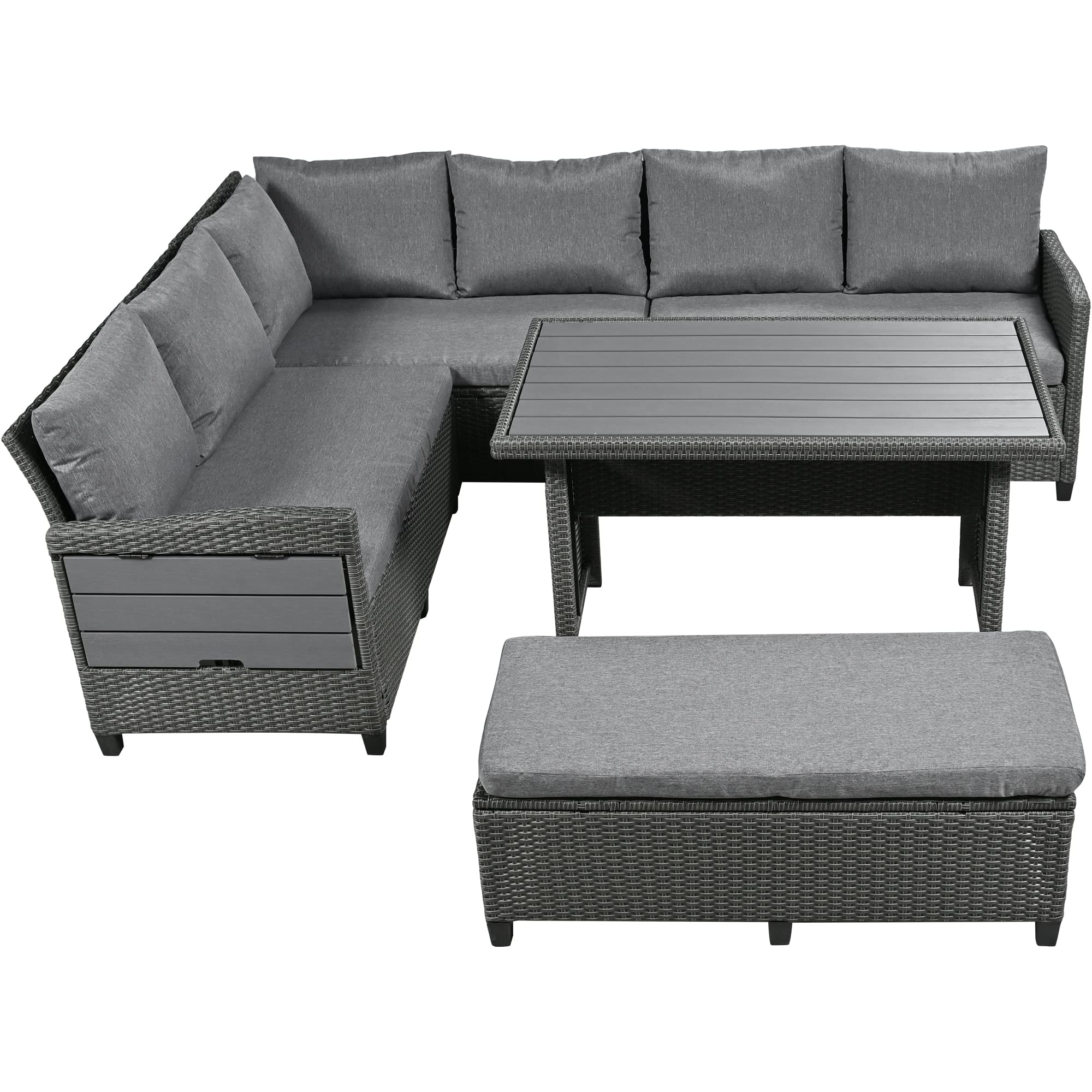 EMKK Steel Patio Furniture Set,6 Pieces Modern Outdoor Conversation Sectional with Cushion,Include 2 Loveseat,1 Single Sofa,1 Table,2 Bench, A-Dark Gray+Black