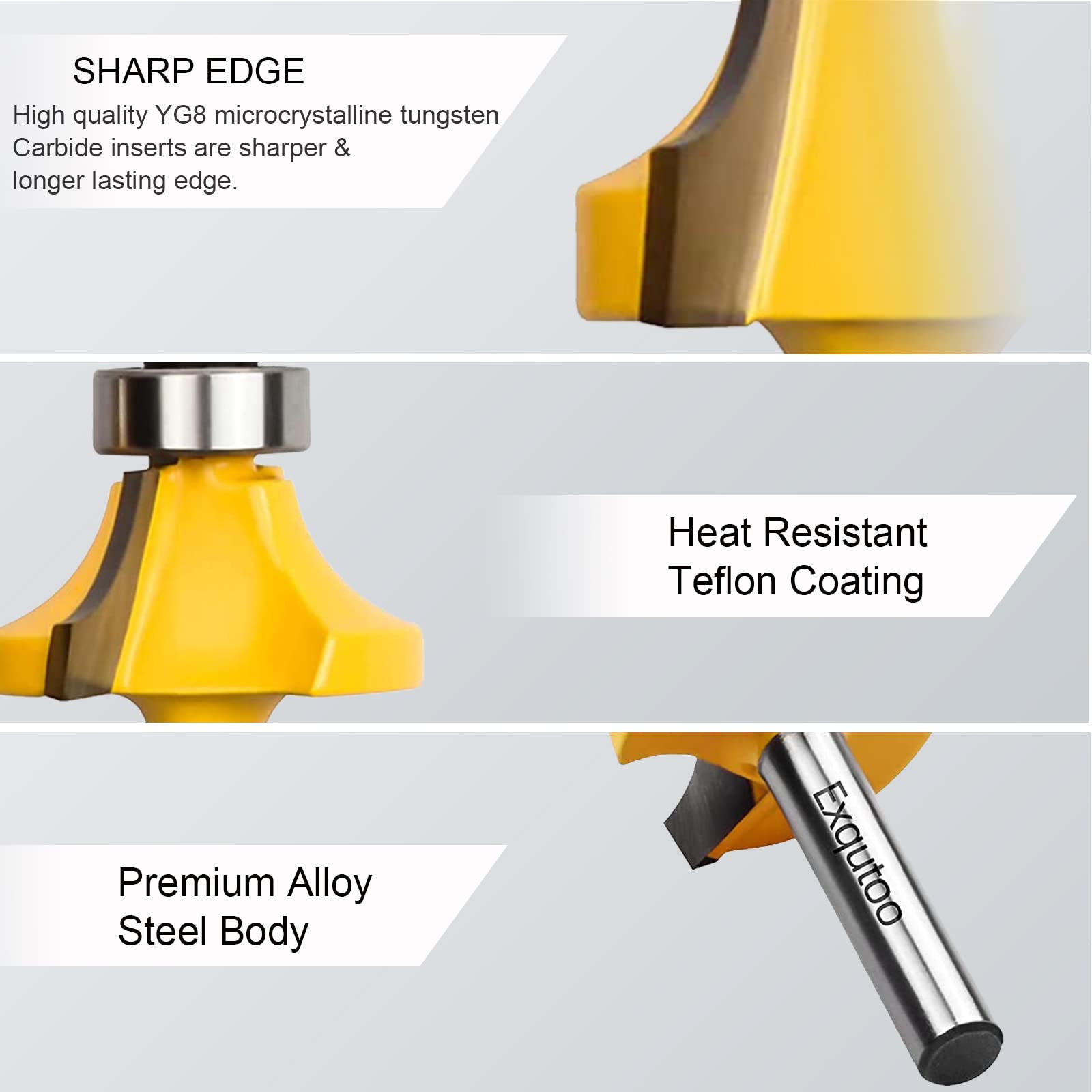 Exqutoo 1/4-Inch Shank Roundover Edging Router Bit Set, Corner Rounding Edge Forming Bit, Woodworking Milling Cutter Tools, 1/8", 1/4", 3/8", 1/2" Round Radius (4 Pcs), for Router Table Accessories