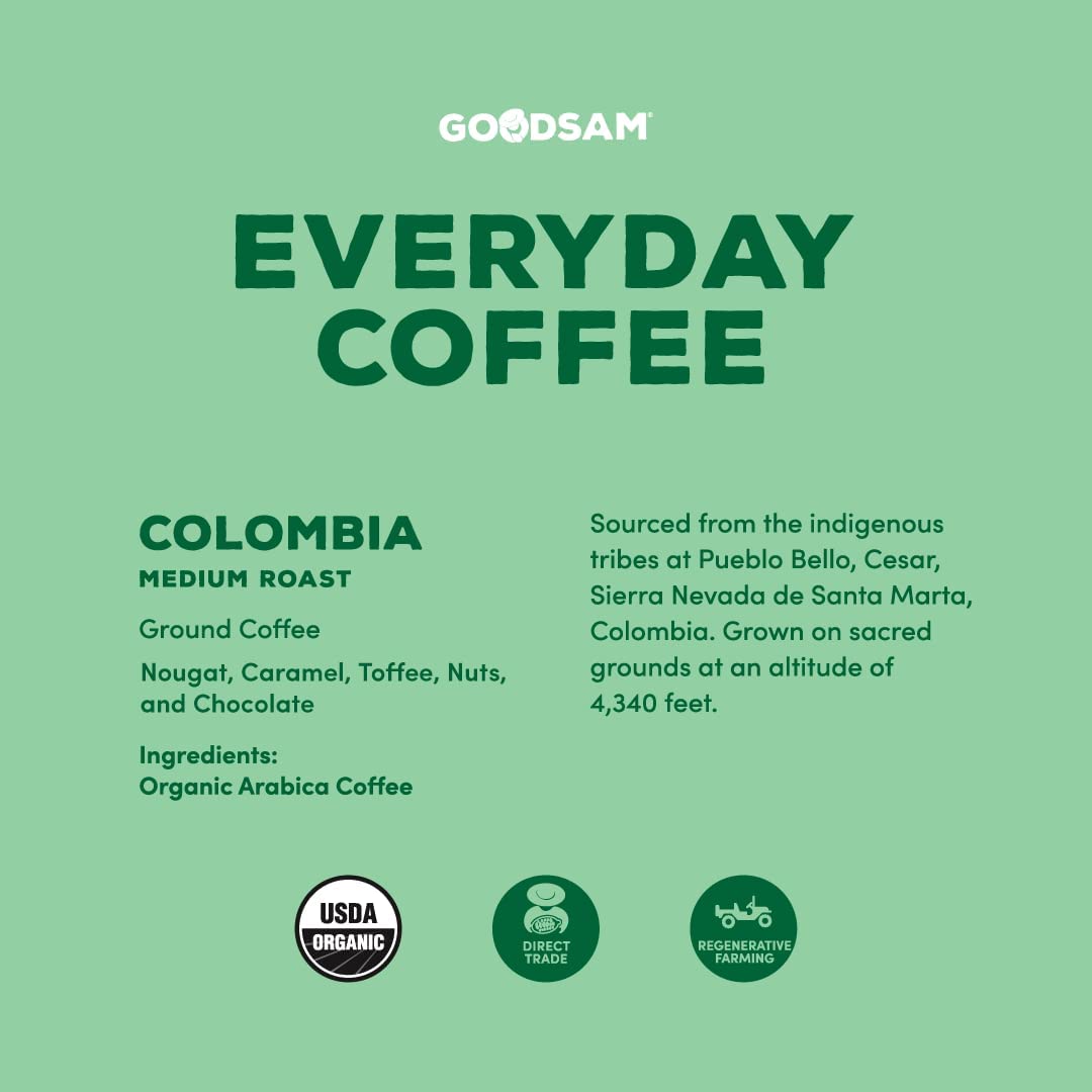 GoodSAM Organic Ground Coffee, Medium Roast 2 lb, Colombian Single Origin, Non GMO Arabica Beans, Vegan, Keto, Regenerative Farming, Direct Trade