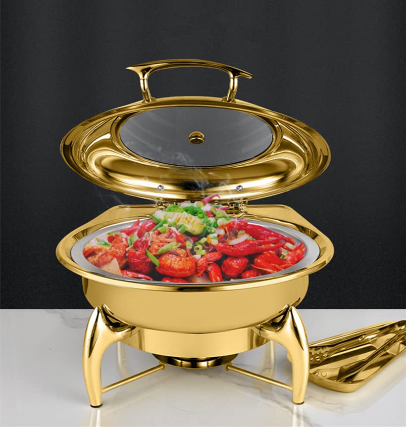 HONHPD 6.8 QT Round Golden Chafing Dish, chaffing server set buffet, Stainless Steel Buffet Chafer with Glass Lid, Chafers and Buffet Warmers Set for Catering, Buffet Food Warmer for Parties