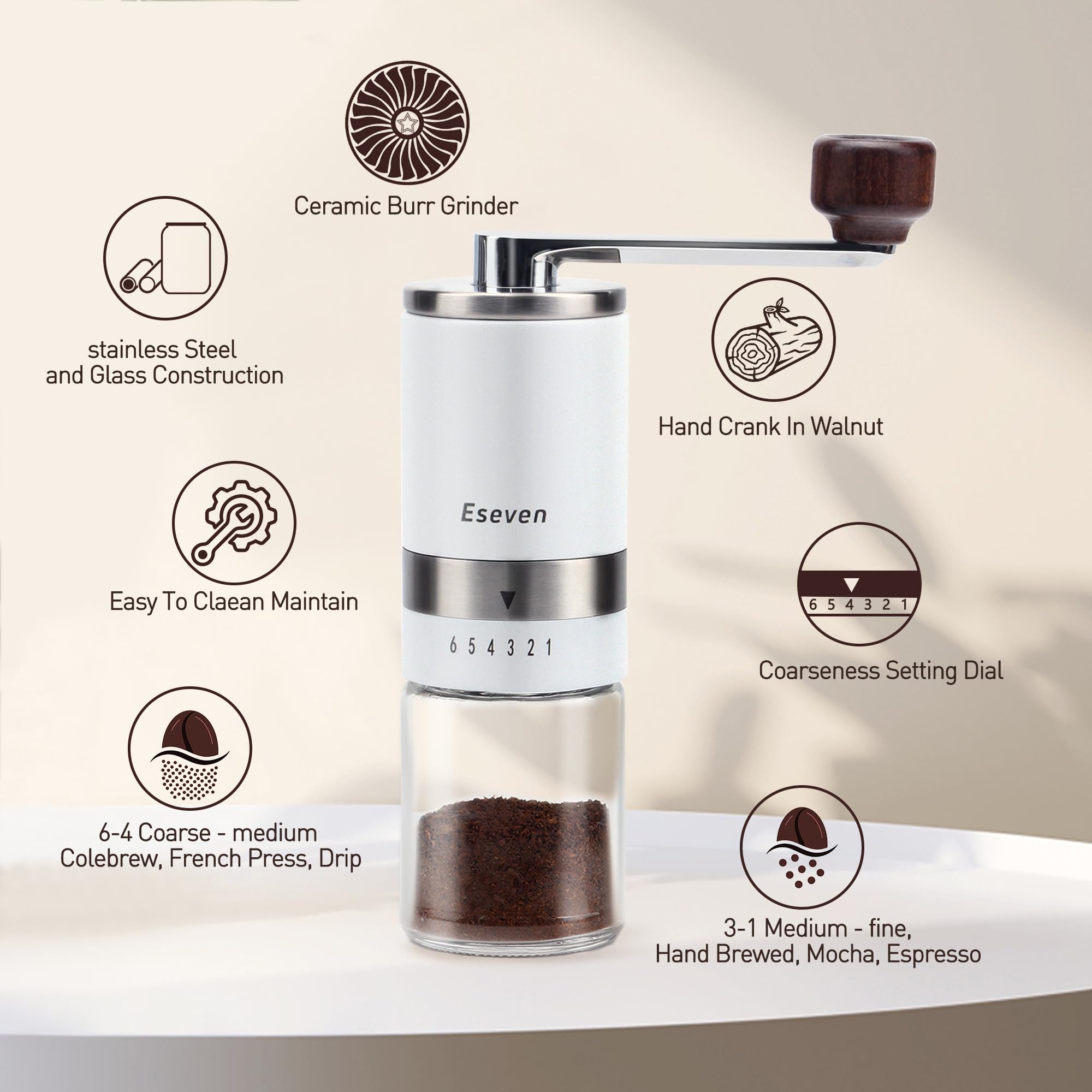 Eseven Manual Coffee Grinder Hand Coffee Grinder with 6 Adjustable Ceramic Burr Grinder Coarseness Settings, Manual Coffee Bean Grinder for Espresso, French Press, Camping & More! (Cream)