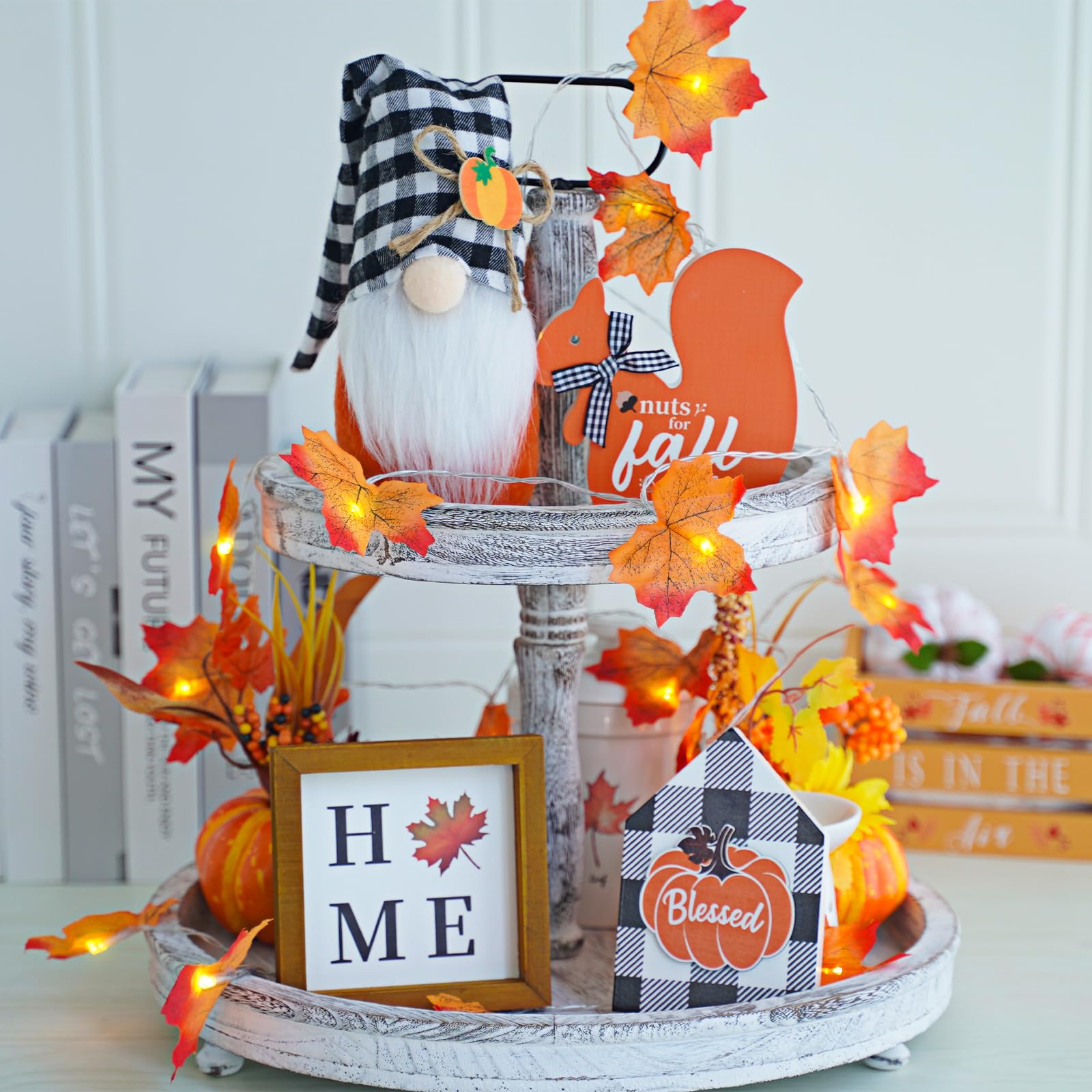Fall Decor Fall Gnome Tiered Tray Decorations set Farmhouse Thankgiving Home Table Decor 3m Fall string lights Decor, Plaid Fall Gnomes Plush - Fall Wood Signs - Harvest Decorations for Home
