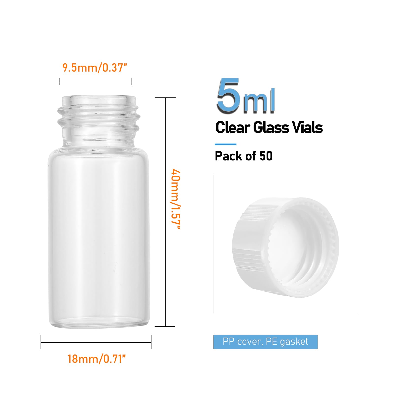 Njvial 50Pcs 5ml Small Glass Vials with White Lids Lab Sample Vials Empty Refillable Perfume Travel Mini Glass Bottles with Screw Caps for Essential Oils
