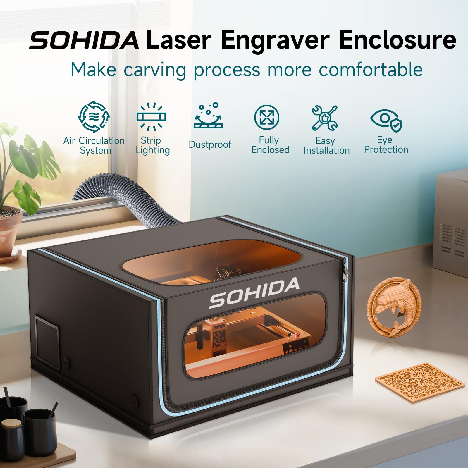 Laser Engraver Enclosure with Removable Bottom Bracket, Dust&Smoke Proof Laser Cutting Enclosure Tent with LED Strip, Fan and Pipe for Engraving Work