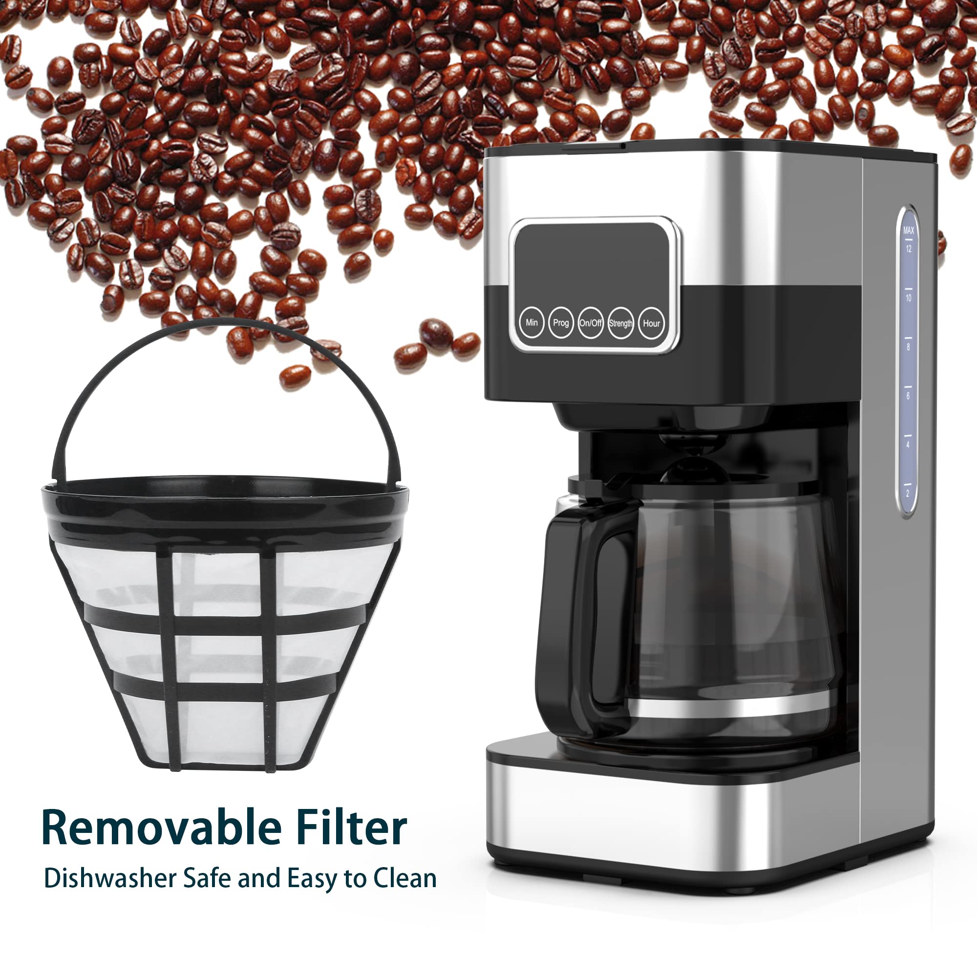 Gardcare 10-Cup Coffee Maker with Smart Touch Screen, 24-hour Programmable Coffee Machine, Stainless Steel Glass Carafe Pot with Brew Strength Control, Automatic Anti-Drip System, Black