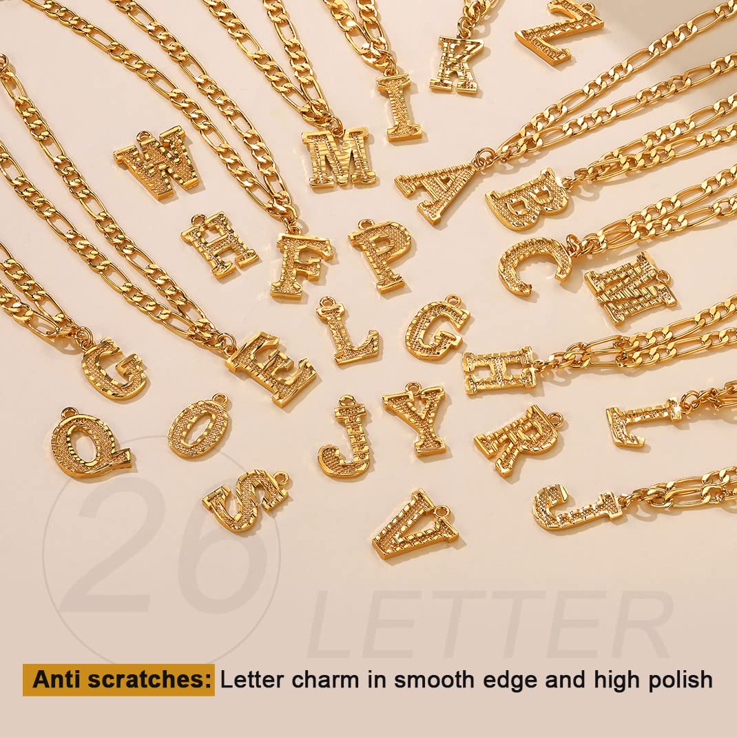 Gold Plated Diamond Cut Letter Initial T Pendant Necklace for Women A-Z Name Jewelry 16Inch/18inch Figaro Choker Chain Adjustable Personalized