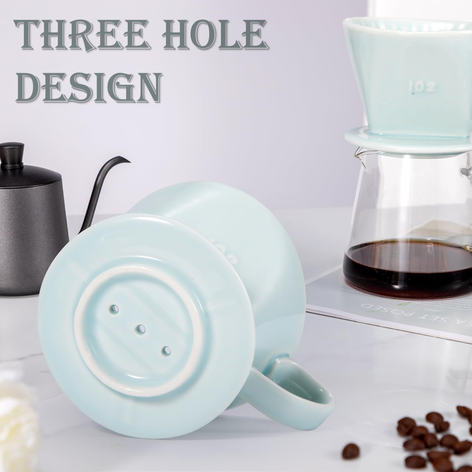 Noarixa Pour Over Coffee Dripper, Ceramic Pour Over Coffee Maker with 3 Holes Flat Bottom, Easy Manual Brew Maker, Porcelain Slow Filter Cone for Travel, Camping, Office, Home, GR