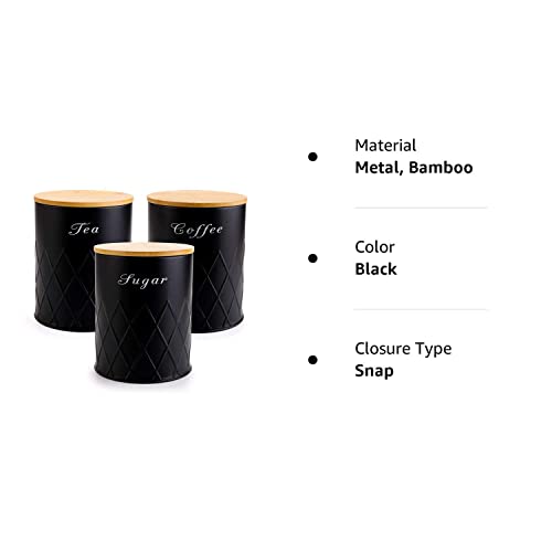 Fasmov 3 Pack Kitchen Canister Set, Coffee, Sugar, and Tea Storage Container Jars with Bamboo Lids for storing Sugar, Coffee and Tea, Black