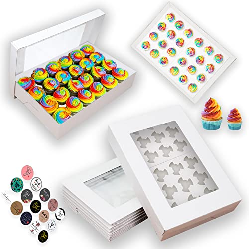VTPT Ecom - 5PK Cupcake Box with Window for 24 Standard or Mini Cupcakes Corrugated Adjustable Height Bakery box ideal for Muffins Cake Cookies Donuts Pies Desserts and other Pastries + Thank You Stickers