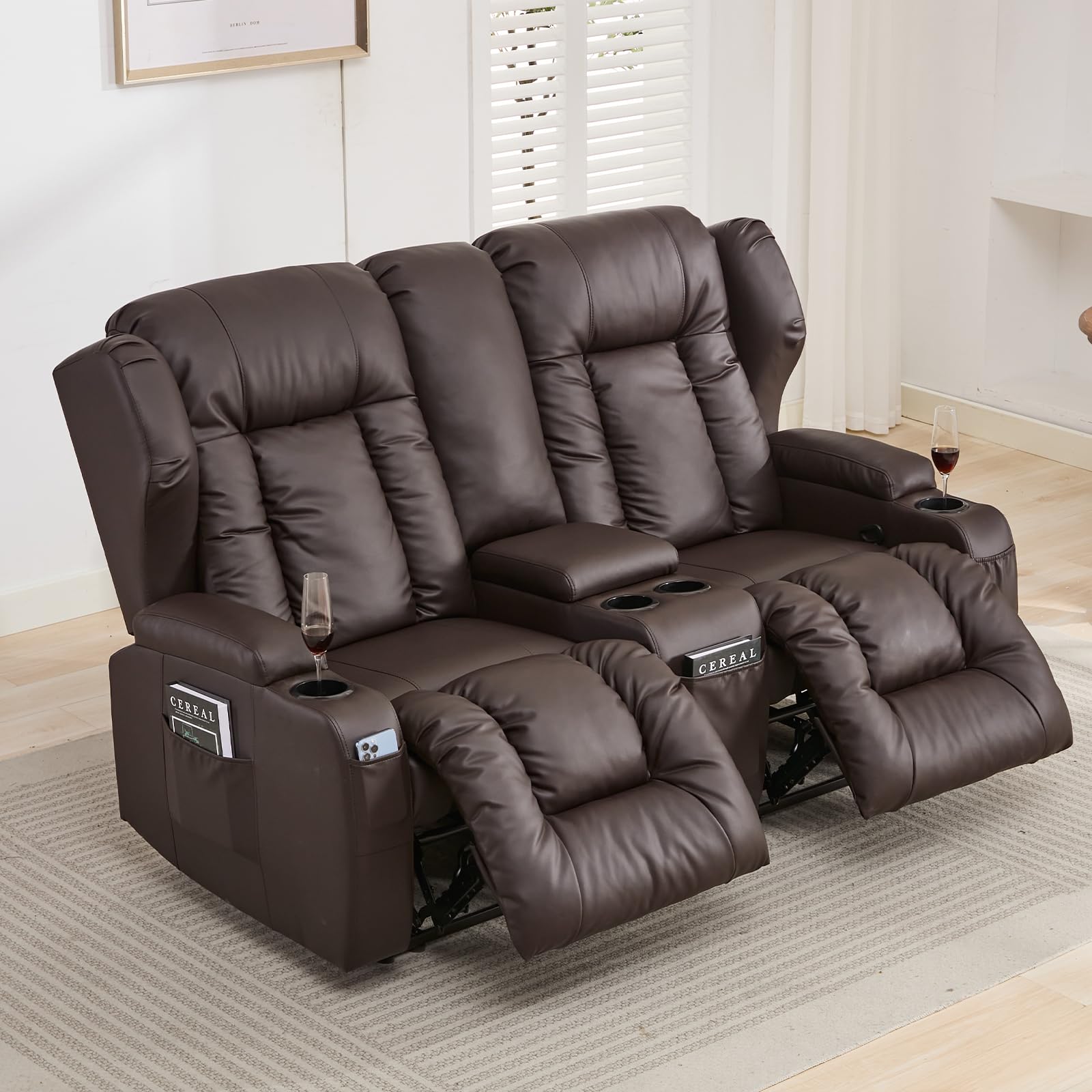 SAMERY 65.5" RV Loveseat Recliner Double Recliner RV Sofa & Console | Wall Hugger Reclining RV | RV Theater Seats | RV Couch | RV Theater Seating | RV Furniture, Home Theater Seating⌠(Brown)