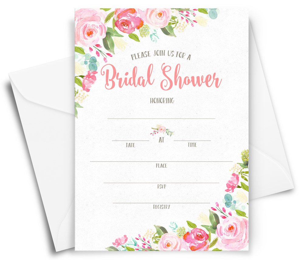 Printed Party Bridal Shower Invitations and Envelopes, Floral, Set of 40