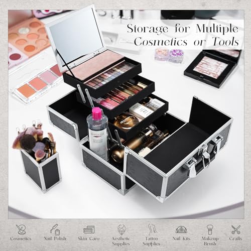 FRENESSA Makeup Train Case, Large Makeup Box Organizer with Brush Holder, Cosmetic Train Case Makeup Organizer for Home Travel, Giltter Gold