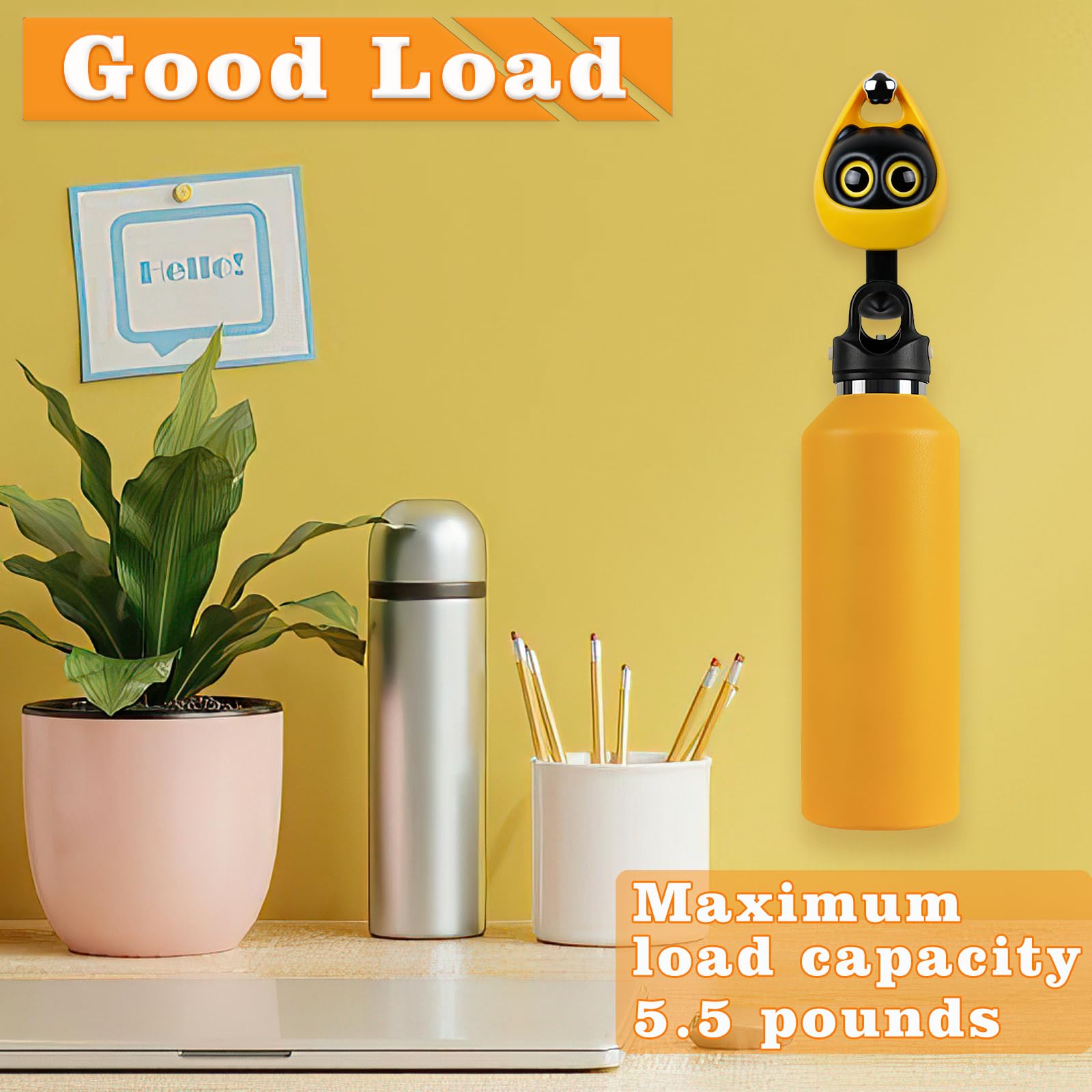 Nokiils Adhesive Cute Wall Hooks, Cute Cat Key Holder for Wall, Creative Utility Coat Hook for Home Kitchen Bathroom Room Decor (Yellow)
