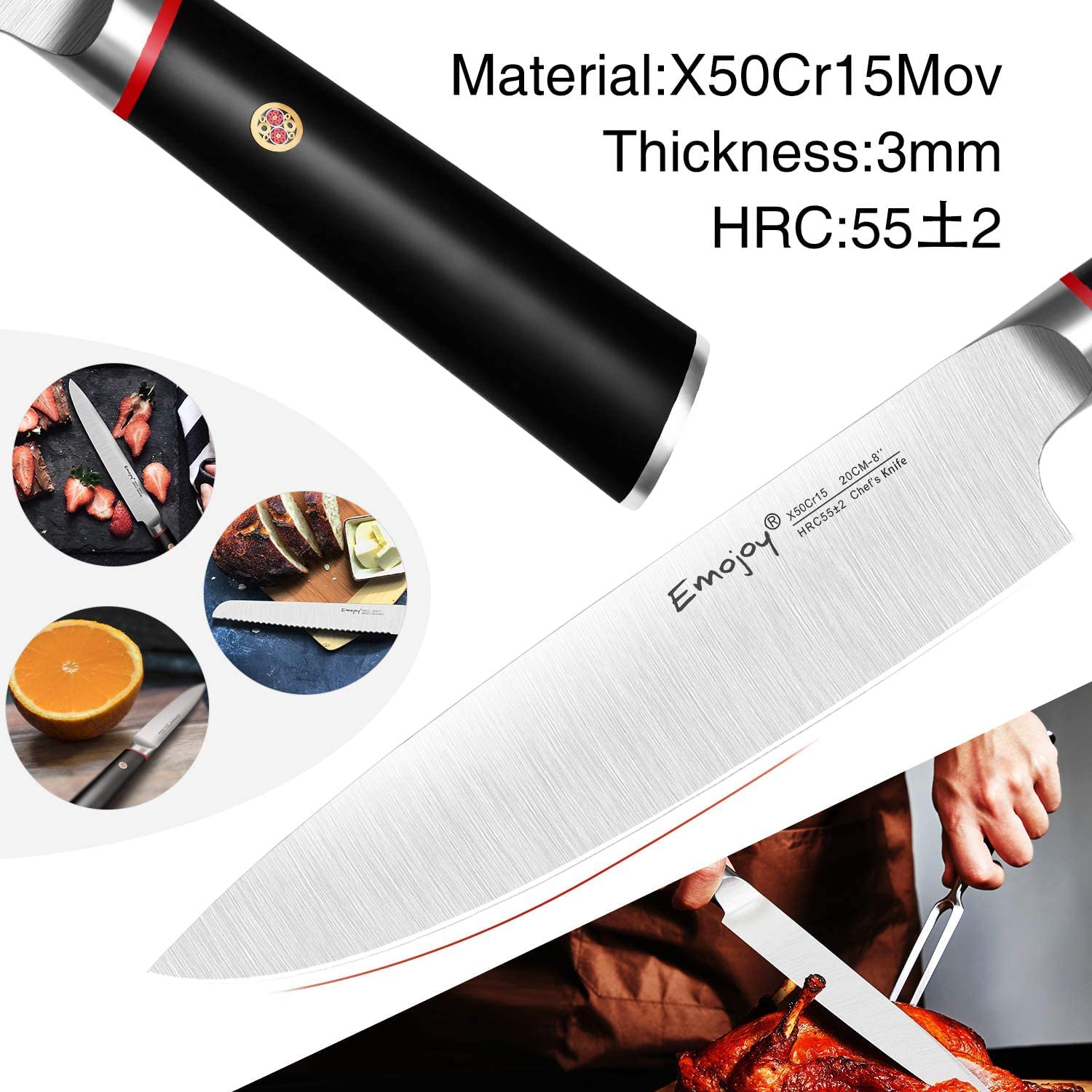 Emojoy Knife Set, 16-Piece Kitchen Knife Set with Block and Serrated Steak Knives, Germany High Carbon Stainless Steel Knife Block Set