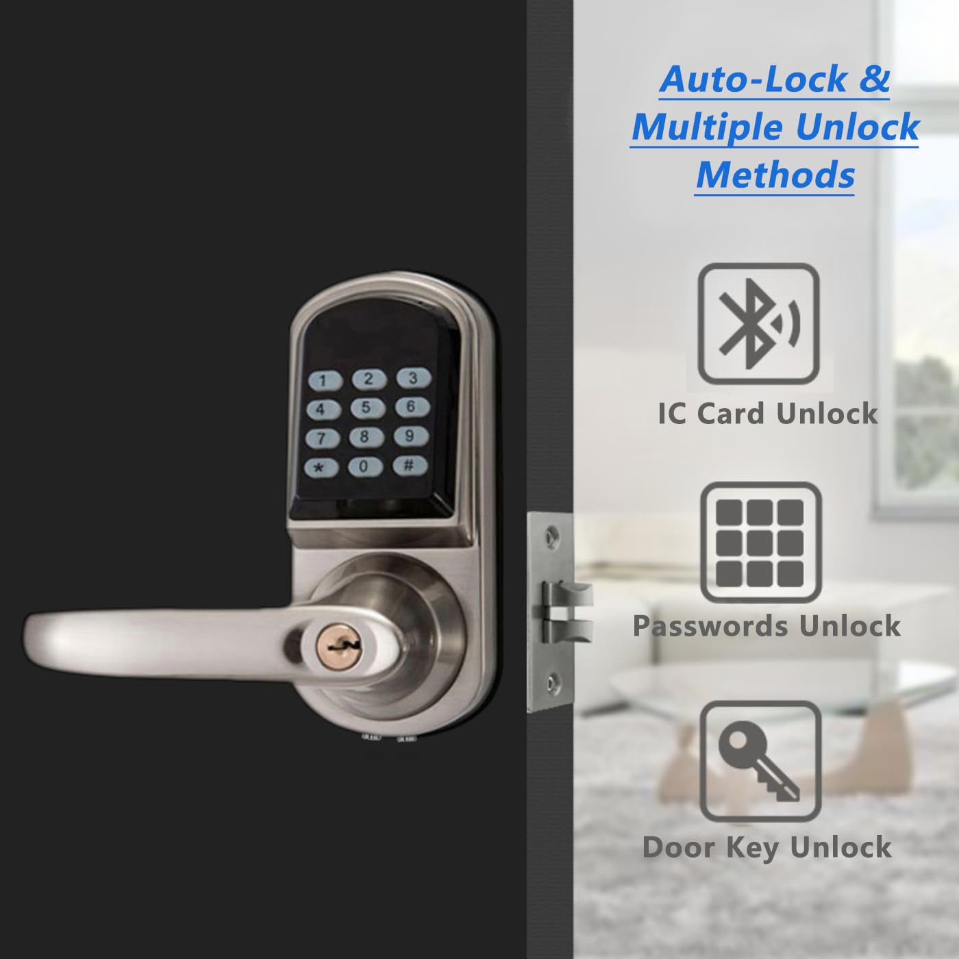 Keypad Door Lock with Left Handle, Auto-Lock Door Locks with Keypads & FOB Cards, Keyless Entry Door Lock with Handle,Electronic Door Lock, Digital Door Lock for Front Door