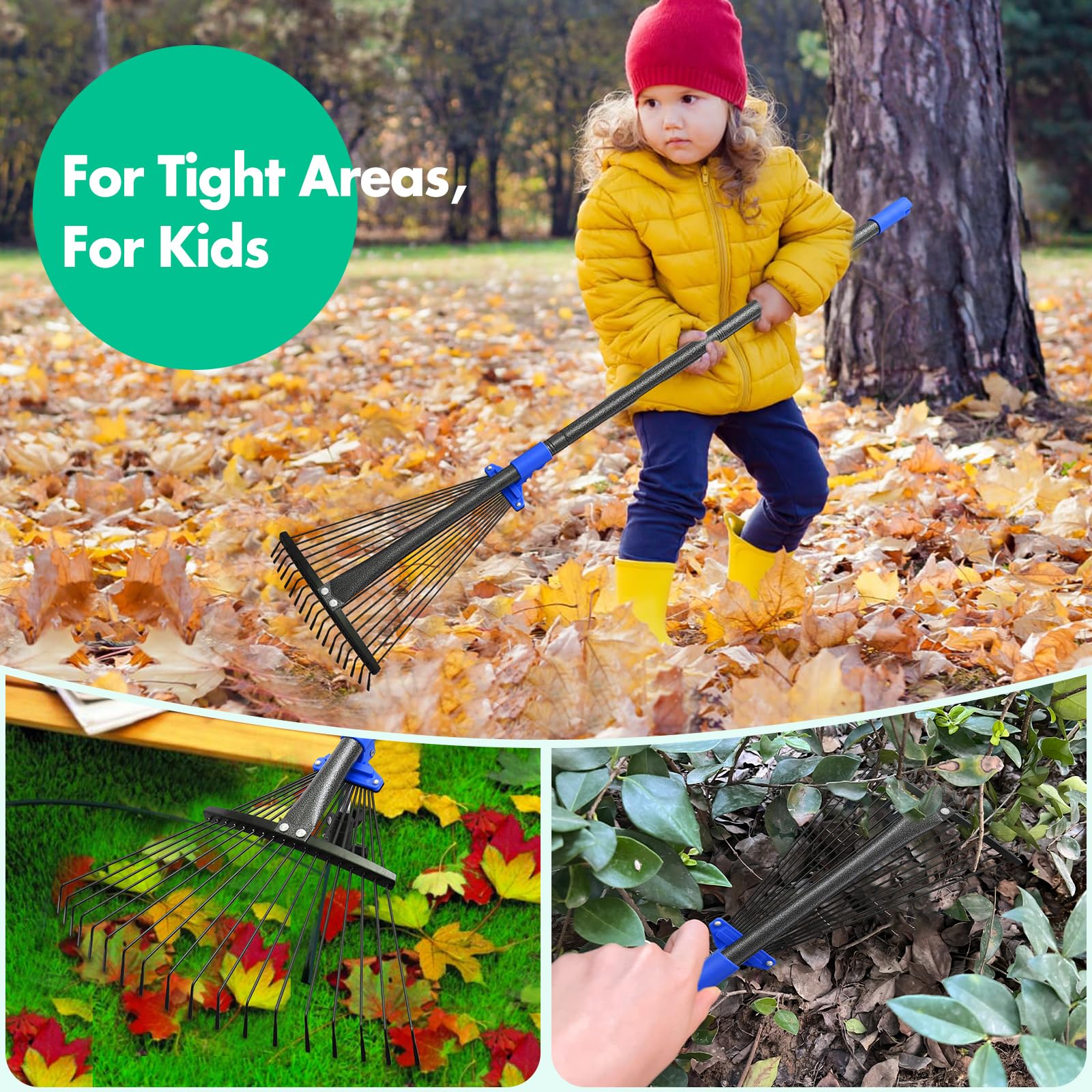 Garden Leaf Rake with Expandable Head from 9.5 inch to 17 inch, Collapsible Lawn Rake with Adjustable 53 Inch Splicing Handle, Heavy Duty Metal Rake for Lawn Yard, Flowers Beds and Roof