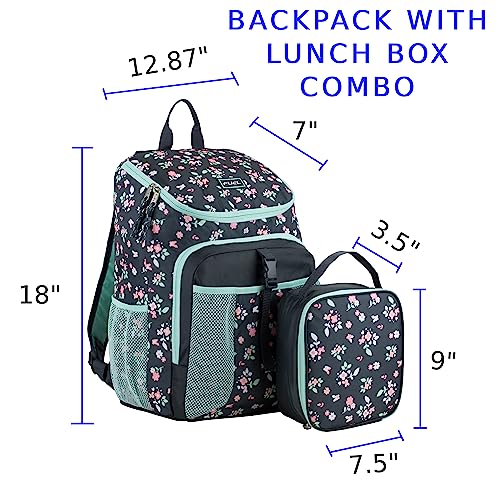 FUEL Top Loader Backpack with Lunch Box Combo β 18β Two Compartment Water Resistant Durable Adjustable Straps with Side Water Bottle Pockets 2 in 1 Set β Sweet Flowers