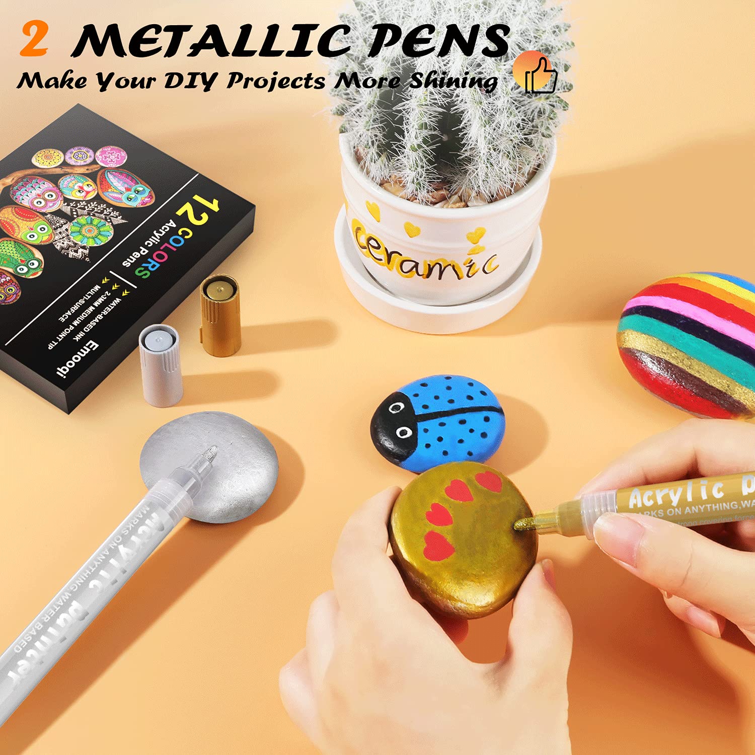 Emooqi Acrylic Paint Pens, 12 Colors Waterproof Paint Art Marker Pen Set for Rock Painting, DIY Craft Projects, Ceramic, Glass, Canvas, Mug, Metal, Wood, Easter Egg