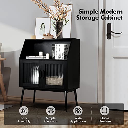 PETSITE Sideboard Buffet Storage Cabinet, Kitchen Accent Console Table with Open Shelf & Tempered Glass Door for Dining Room Hallway, Black