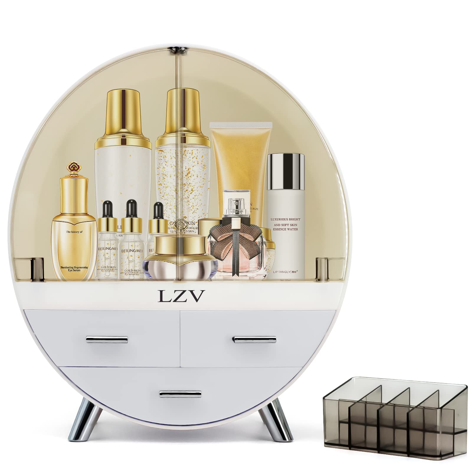 LZV Makeup Organizer, Makeup Storage Organizer with Drawers and Lipstick Holder, Dust Water Proof Make Up Organizers and Storage for Bedroom Vanity and Bathroom Countertop (Grey)