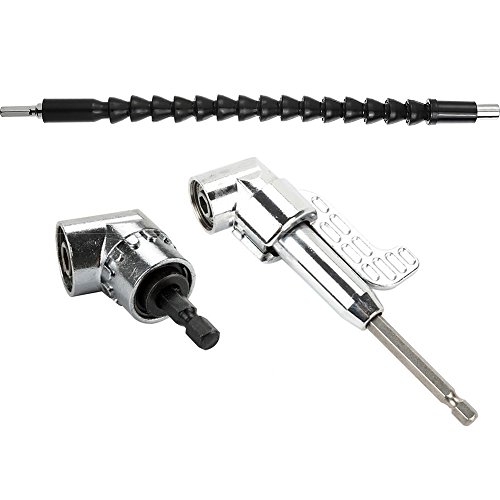 OCGIG 3 Pcs 105 Degree Right Angle Drill Attachment Hex Shank Screwdriver Angled Bit Holder Power Drill Tool and Flexible Angle Extension Soft Shaft Bit Kit for Drill or Driver 1/4" Socket Adapter