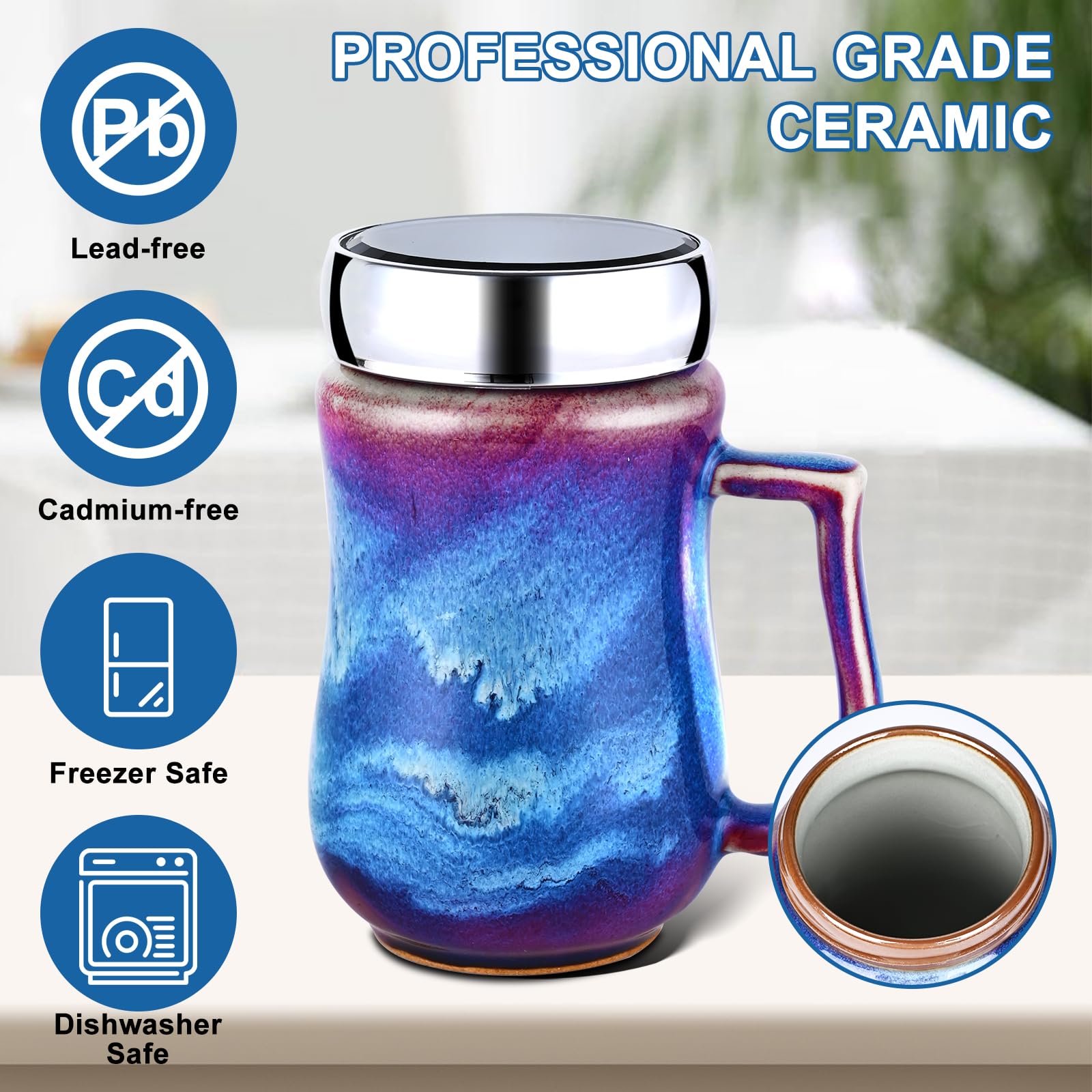 KaiCarnte Ceramic Mug,Large Ceramic Coffee Mug with Lid,14 Oz,Handmade Pottery Mug with Large Handle,Tea Cup Ceramic for Home Office,Dishwasher and Microwave Safe
