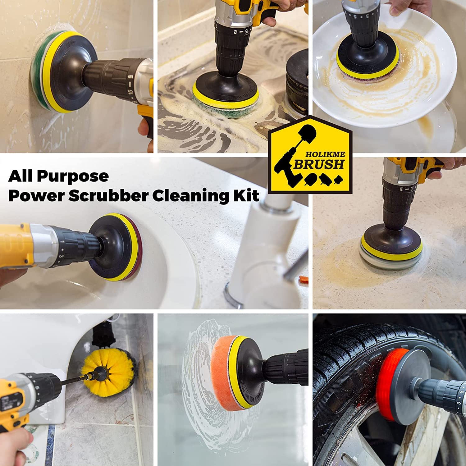 Holikme Drill Brush Attachments Set, Power Scrubber Brush with Extend Long Attachment All Purpose Clean for Grout, Tiles, Sinks, Bathtub, Bathroom, Kitchen