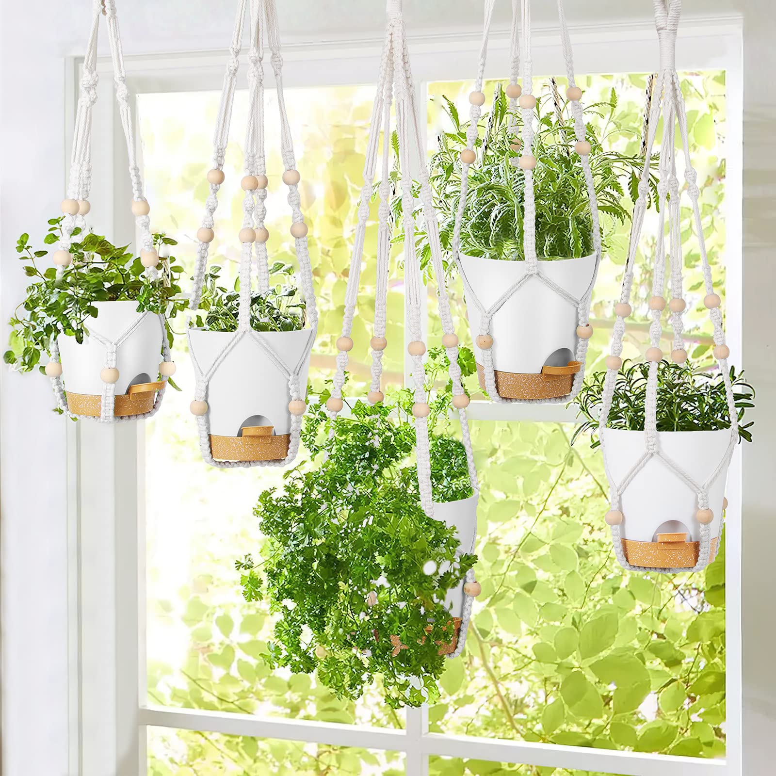 GARDIFE Hanging Planters for Indoor Plants,5Pcs Hanging Basket for Indoor Boho Home Decor,Macrame Plant Hanger,35 Inches,29Inch,23Inch, Ivory,Self Watering Planters, 7/6.5/6/5.5/5 Inch,White&White