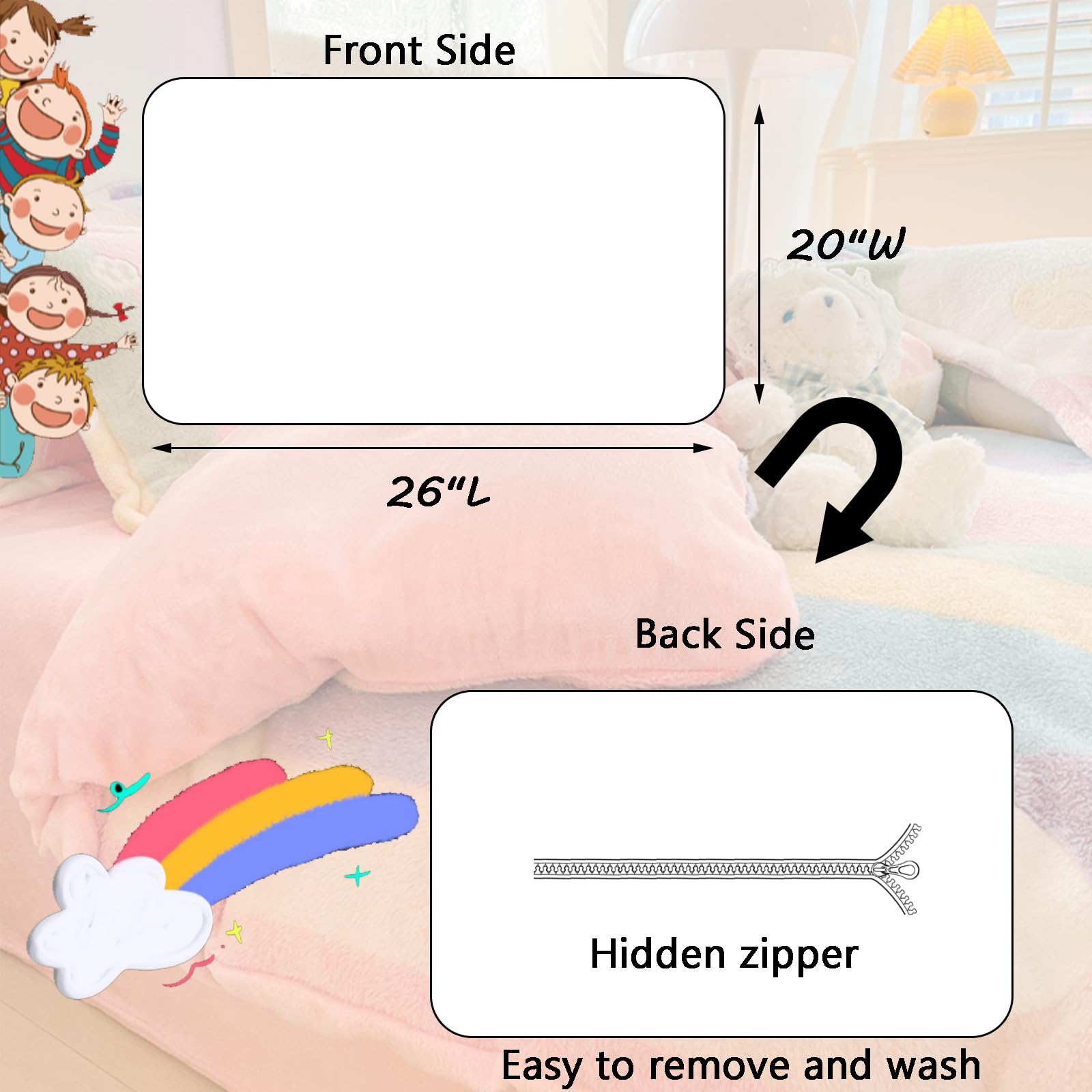 MorroMorn Decorative Pillows Covers Pink Kawaii, 2 Packs Plush Pillow Cases Standard Size, Soft Furry Throw Pillowcase Cushion Shams with Zipper Closure Girls Room Decor (Rainbow Love, Standard)