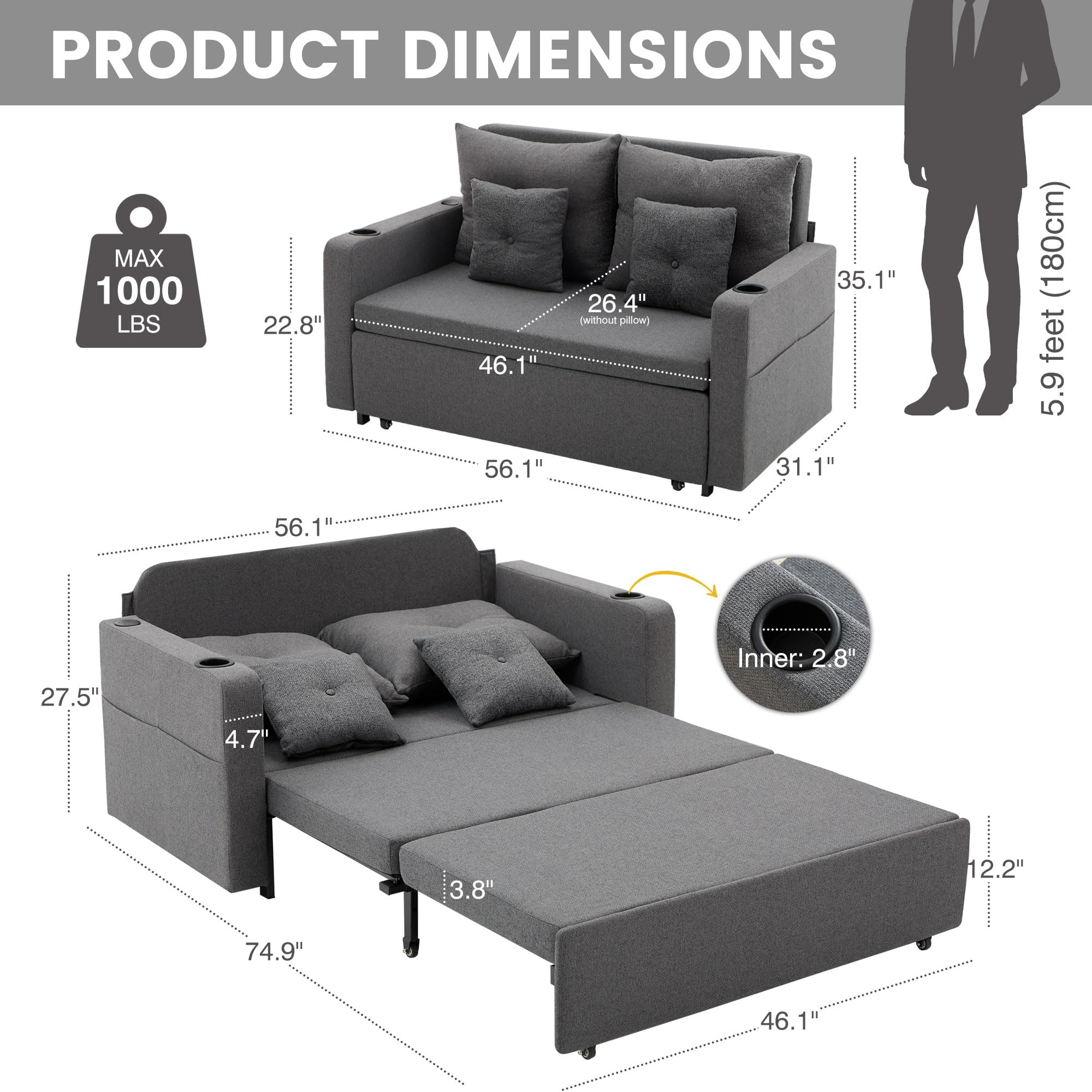 Krcix 3 in 1 Sleeper Sofa Bed, 56 Inch Convertible Loveseat Sofa, Pull Out Couch Bed with Storage Pockets, Cup Holders, USB β Sofa Cama for Living Room, Bedroom, Apartment, Dark Grey