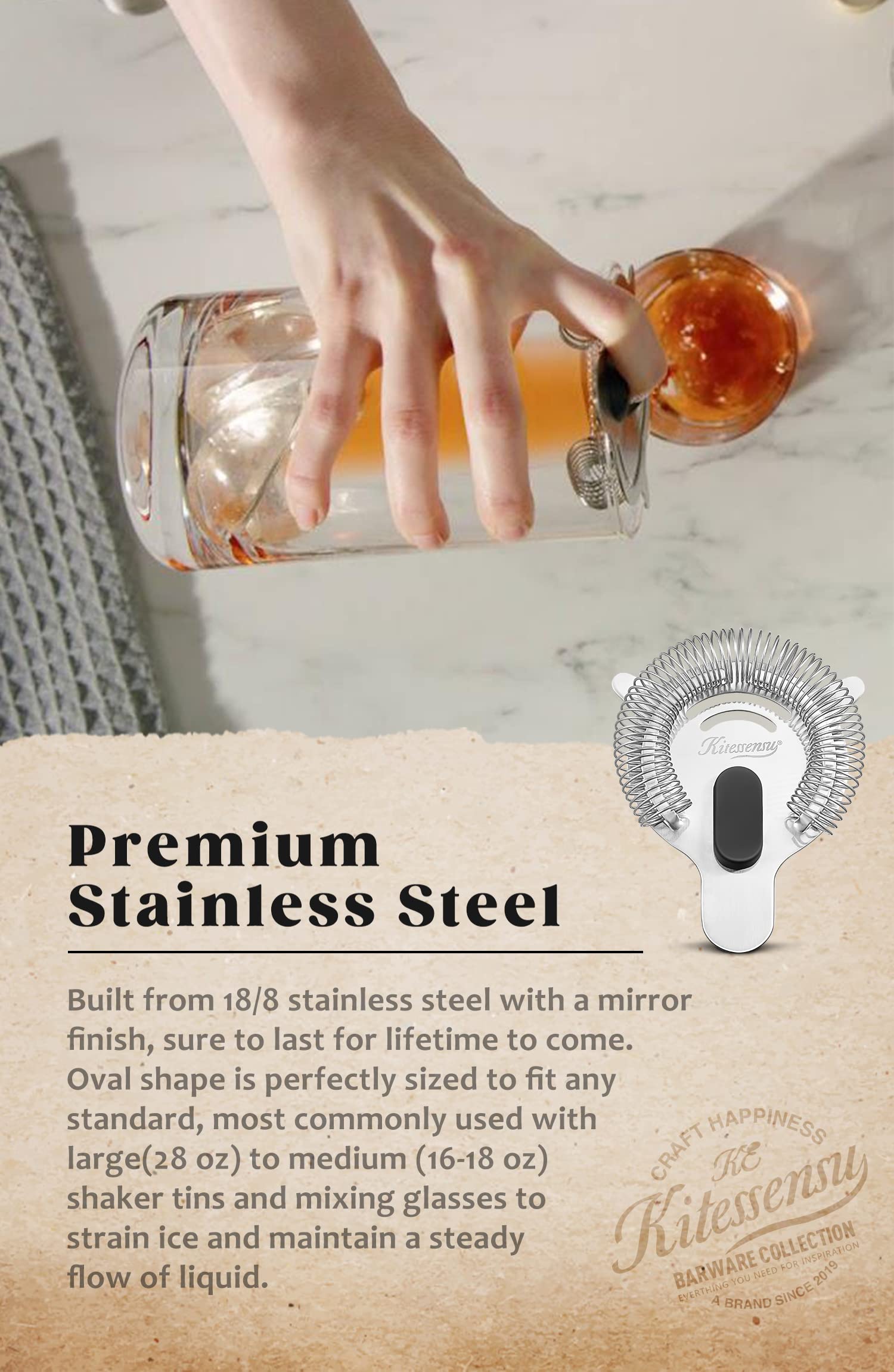 KITESSENSU Cocktail Strainer, 2 Prong Stainless Steel Hawthorne Drink Strainer Cocktai with Non-Slip Finger Rest, Bar Tools for Professional Bartenders, High Density Spring