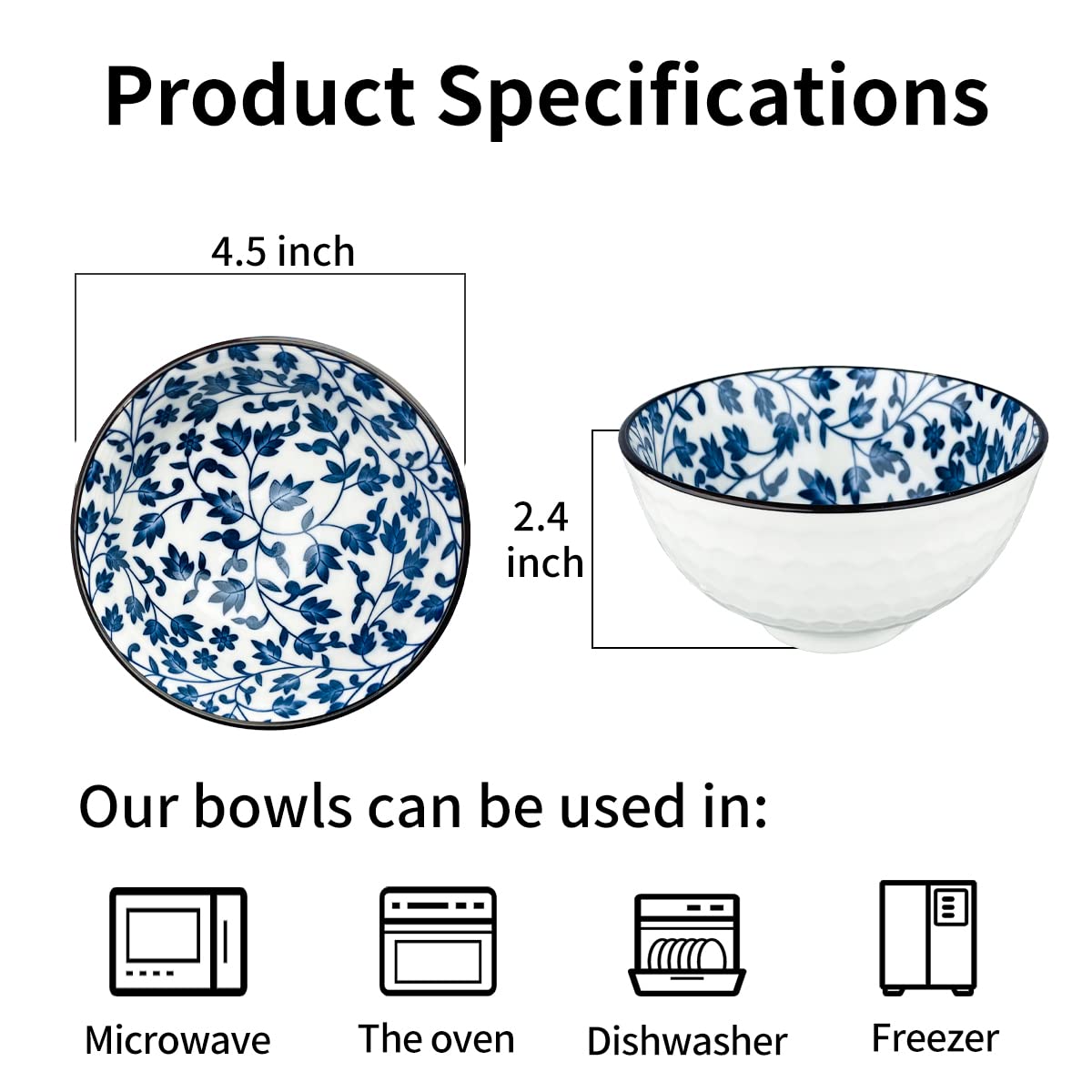 Kithing Ceramic Bowls, 10oz,this blue and white patterned bowls are used for ice cream, desserts, salads Set of 6 (F 4.5in)