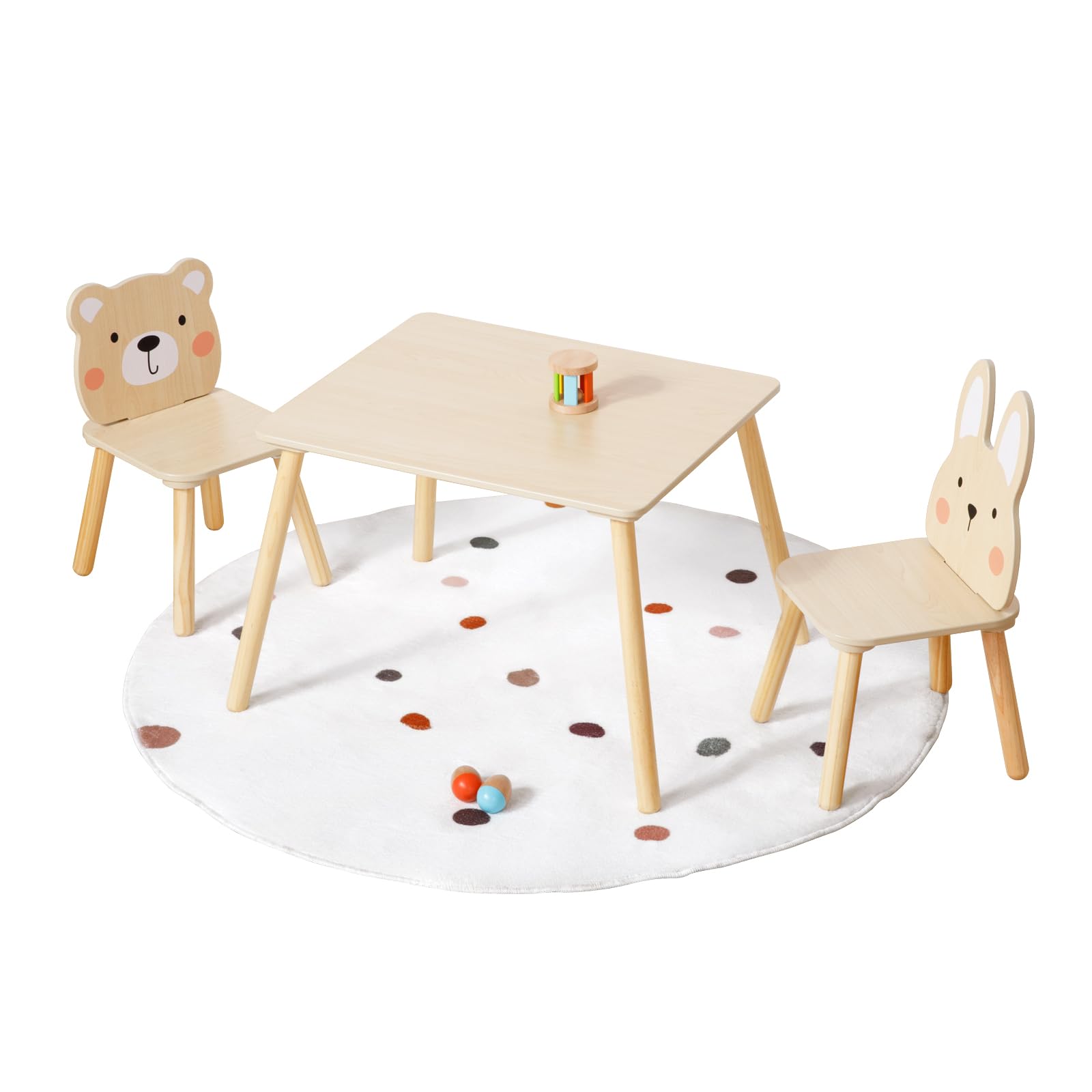 OOOK Wooden Kids Table and Chair Set, Waterproof Desktop Adorable Toddler Table Chairs Set with 2 Animal Chairs