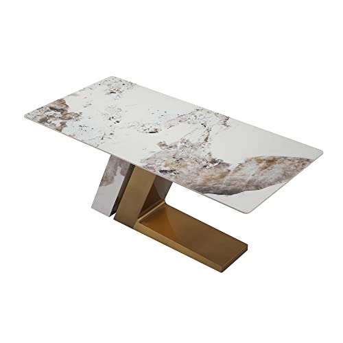 Montary 71” Modern Rectangle Dining Table for 6-8 Seat, Marble Dining Table with Sintered Stone Pandora Tabletop and L-Shape Stainless Steel & Stone Slate Base (Only Table)