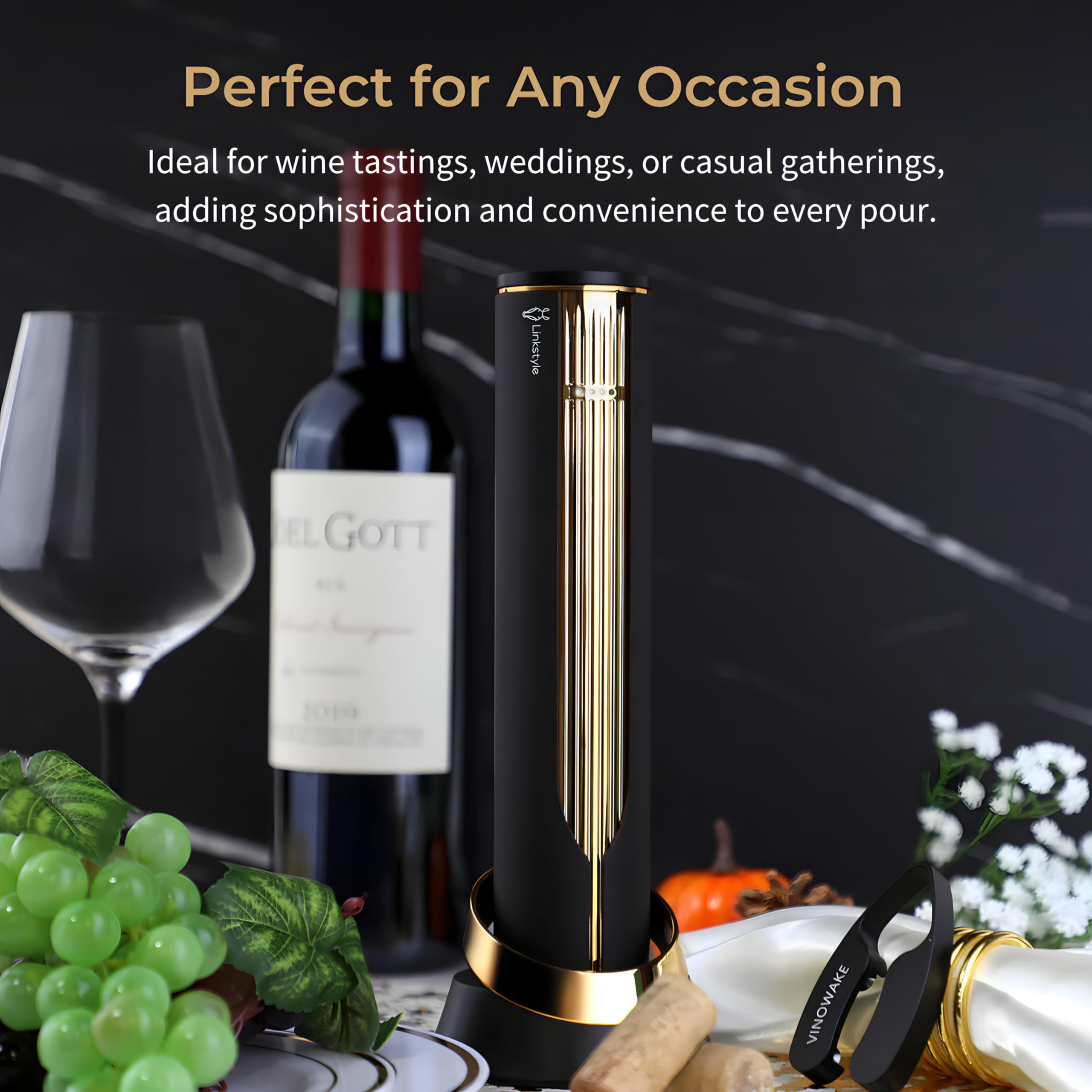 OPENERO Electric Wine Opener — Luxurious Automatic Wine Corkscrew Electric with Charging Base and Steel Foil Cutter, Wine Gifts For Women Men (Gold)