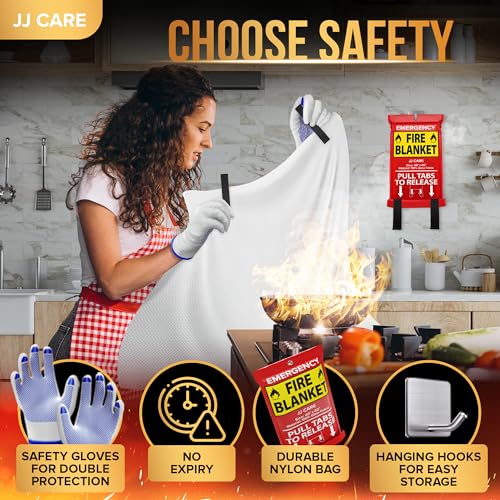 JJ CARE Fire Blanket β 2 Packs with Hooks β Emergency Fire Blanket for Home & Kitchen, High Heat Resistant Fire Suppression Blankets for Home Safety, Kitchen, and Camping