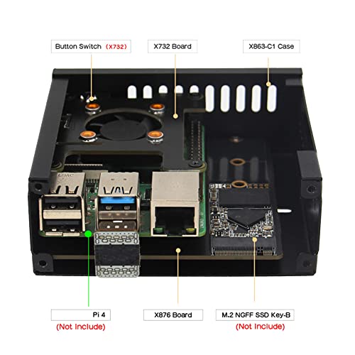 KALEN X876 M.2 NVME SSD Expansion Board+X732 Expansion with X863-C1 Metal + Pi 4B Storage
